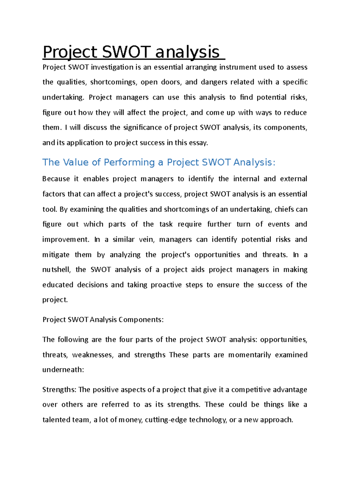 Project SWOT analysis - Project SWOT analysis Project SWOT ...