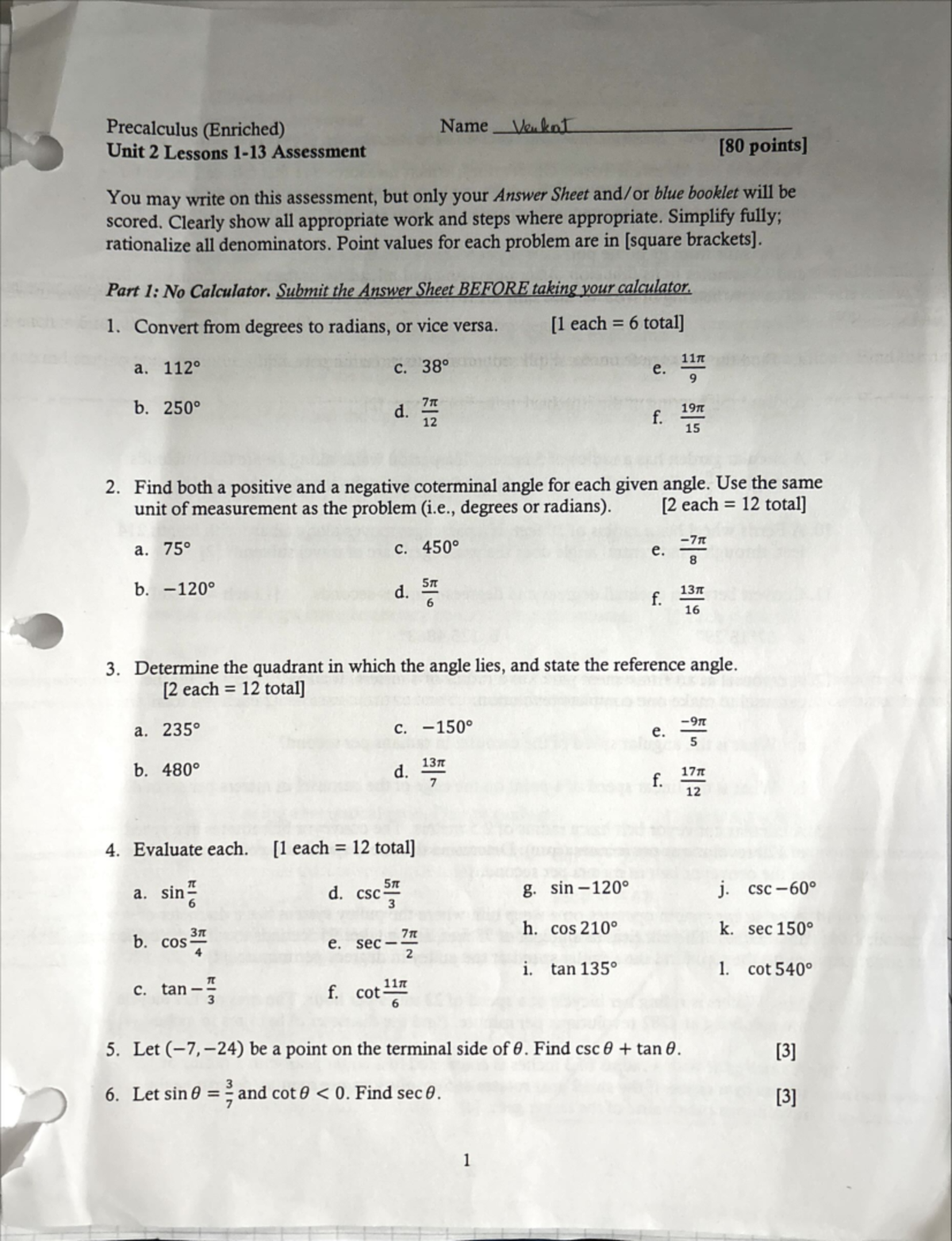 Enriched Precalculus U2 L1-13 - Precalculus (Enriched) Name Venkat Unit ...