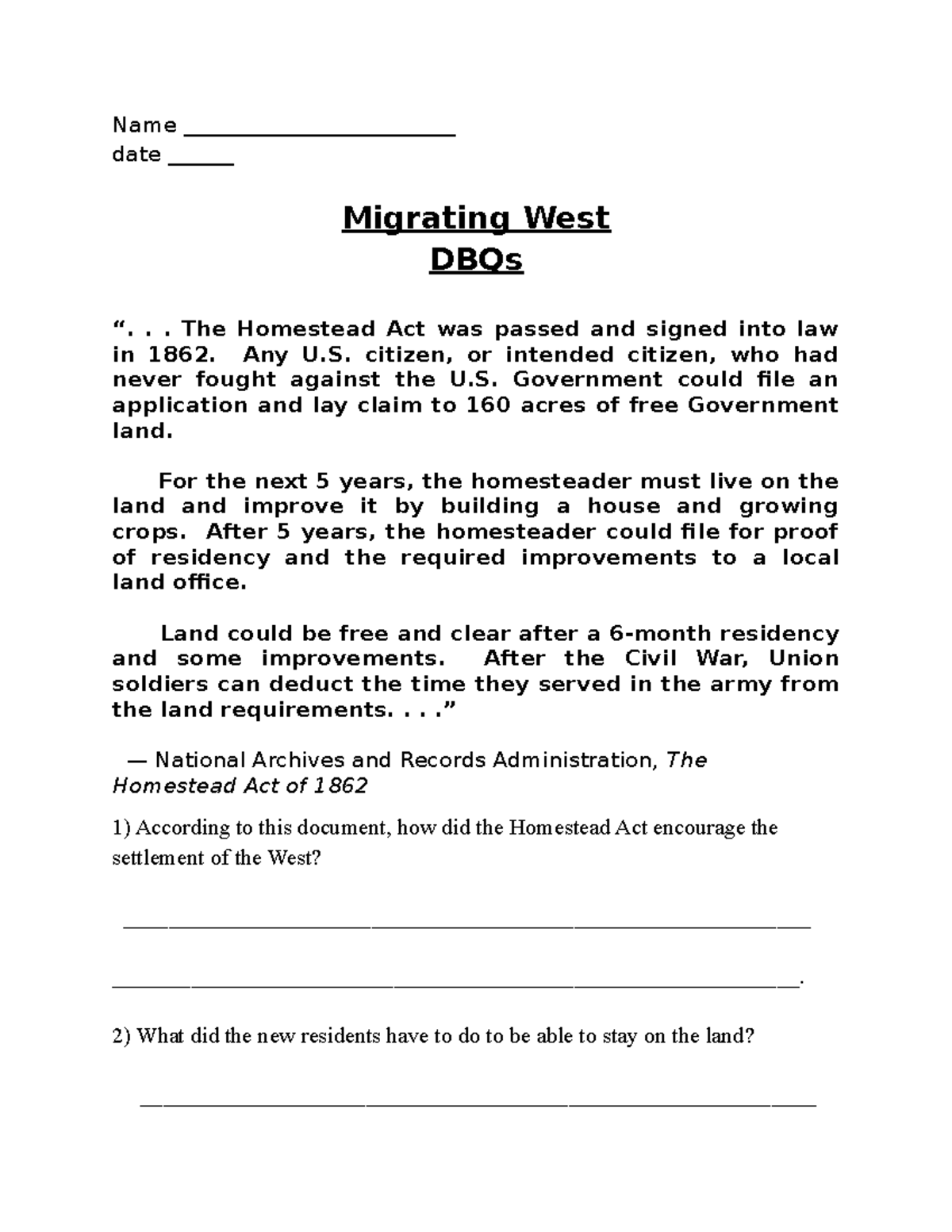 Homestead dbq - iuyghujk - Name _________________________ date ...