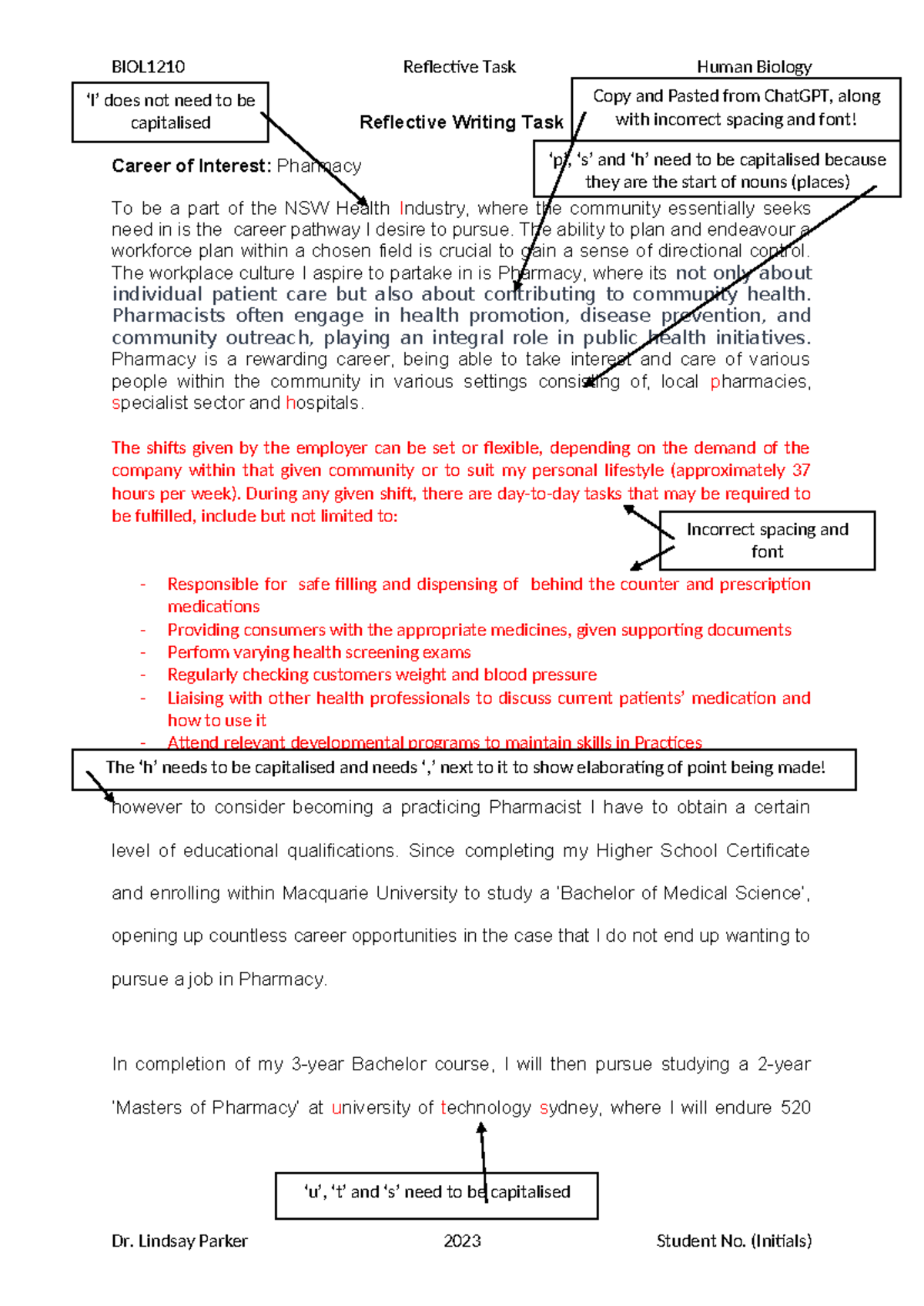 Reflective Writing Task - Example of Poorly Completed Assignment ...