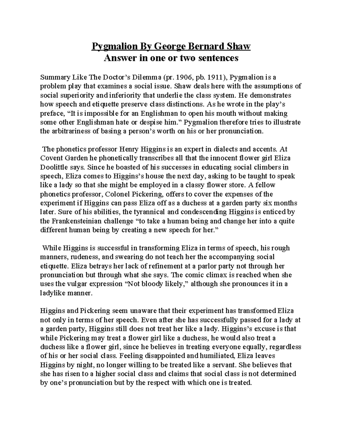Pygmalion Q and A - Notes - Pygmalion By George Bernard Shaw Answer in ...