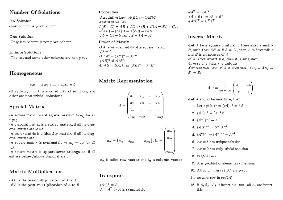 MA1522 final cheatsheet - Number Of Solutions No Solution -Last column is pivot column One ...