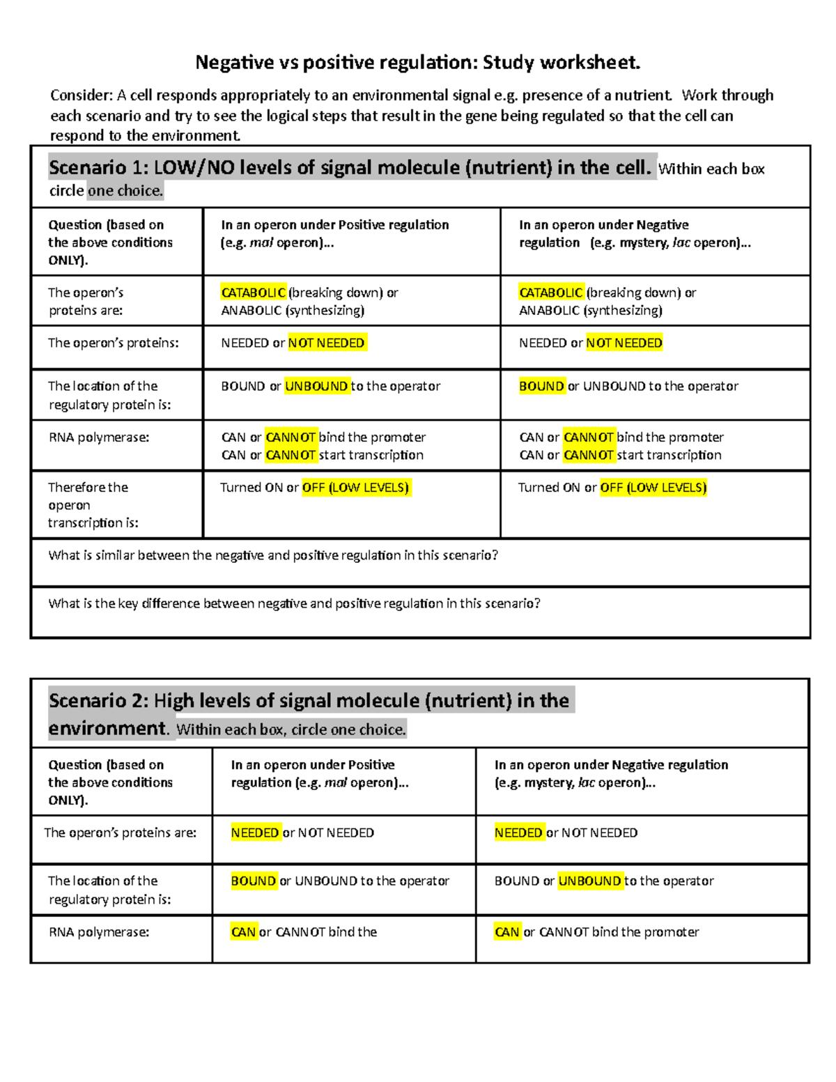 Negative vs Positive regulation Comparison Worksheet Answers-2 ...