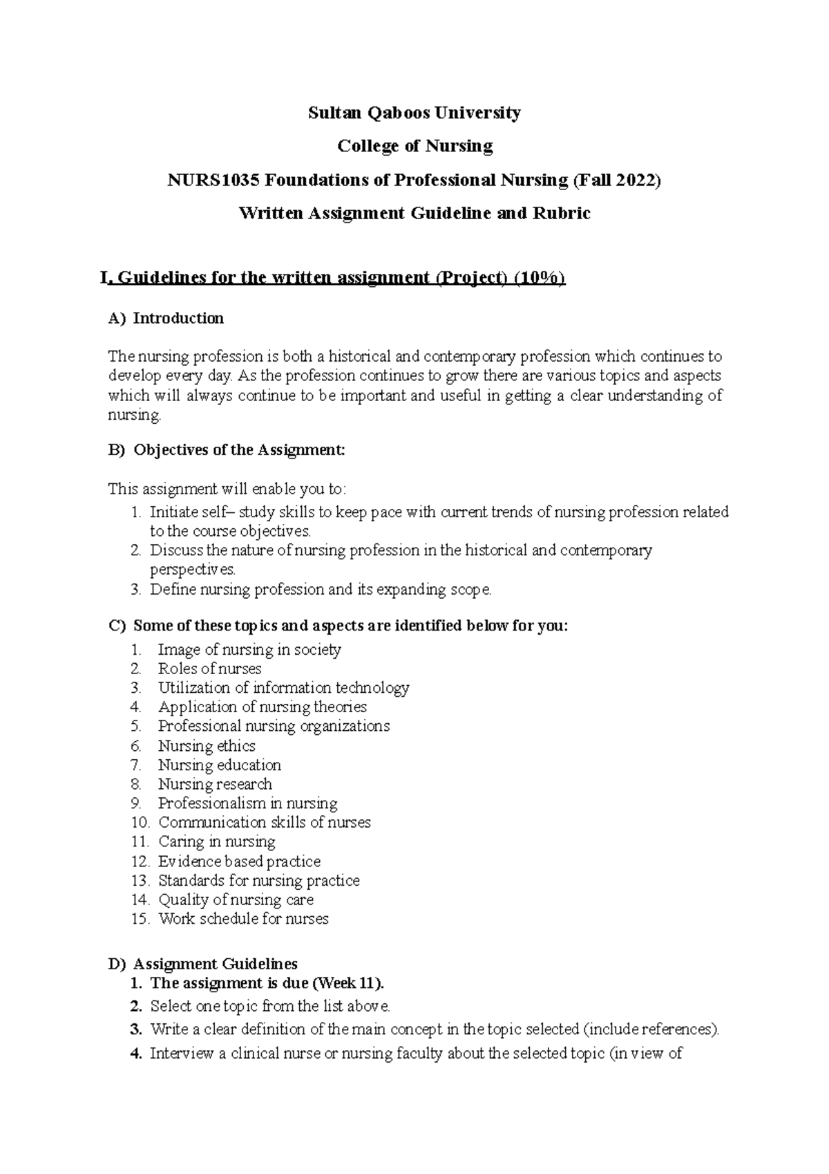 Assignment Guidelines -NURS1035 Foundations of Professional Nursing ...