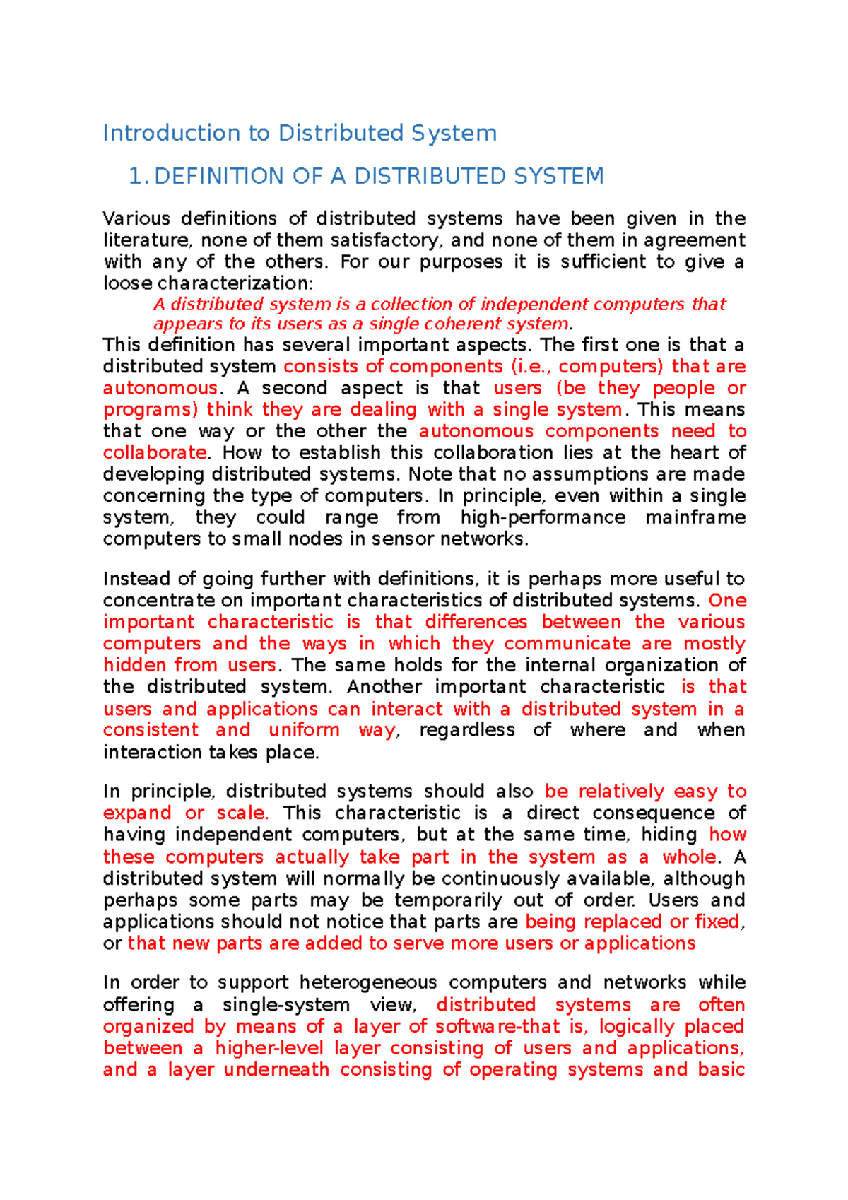 Ch 01 Dist System - Introduction to Distributed System 1. DEFINITION OF A DISTRIBUTED SYSTEM ...