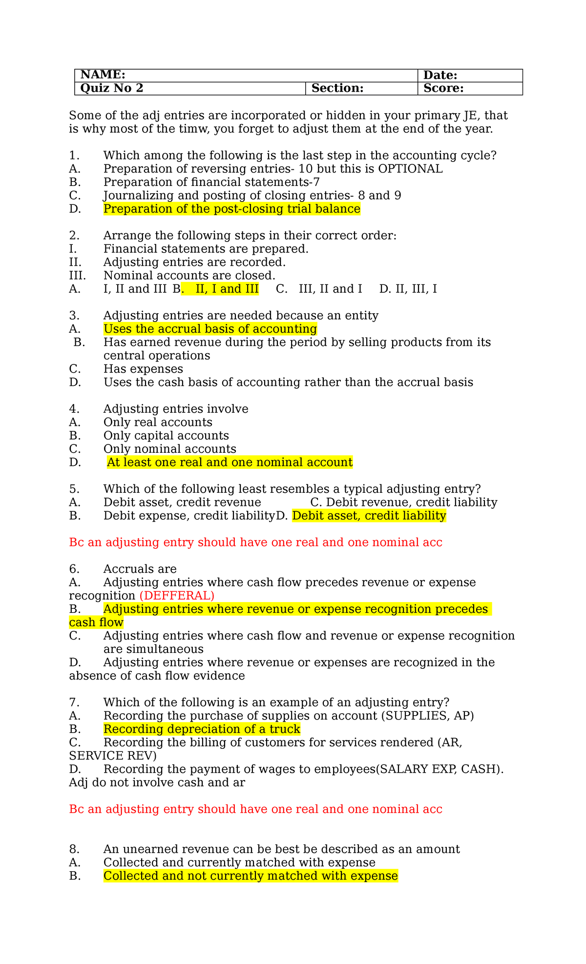 Quiz No. 2 - Quiz on Accounting cycle with the emphasis on adjusting ...