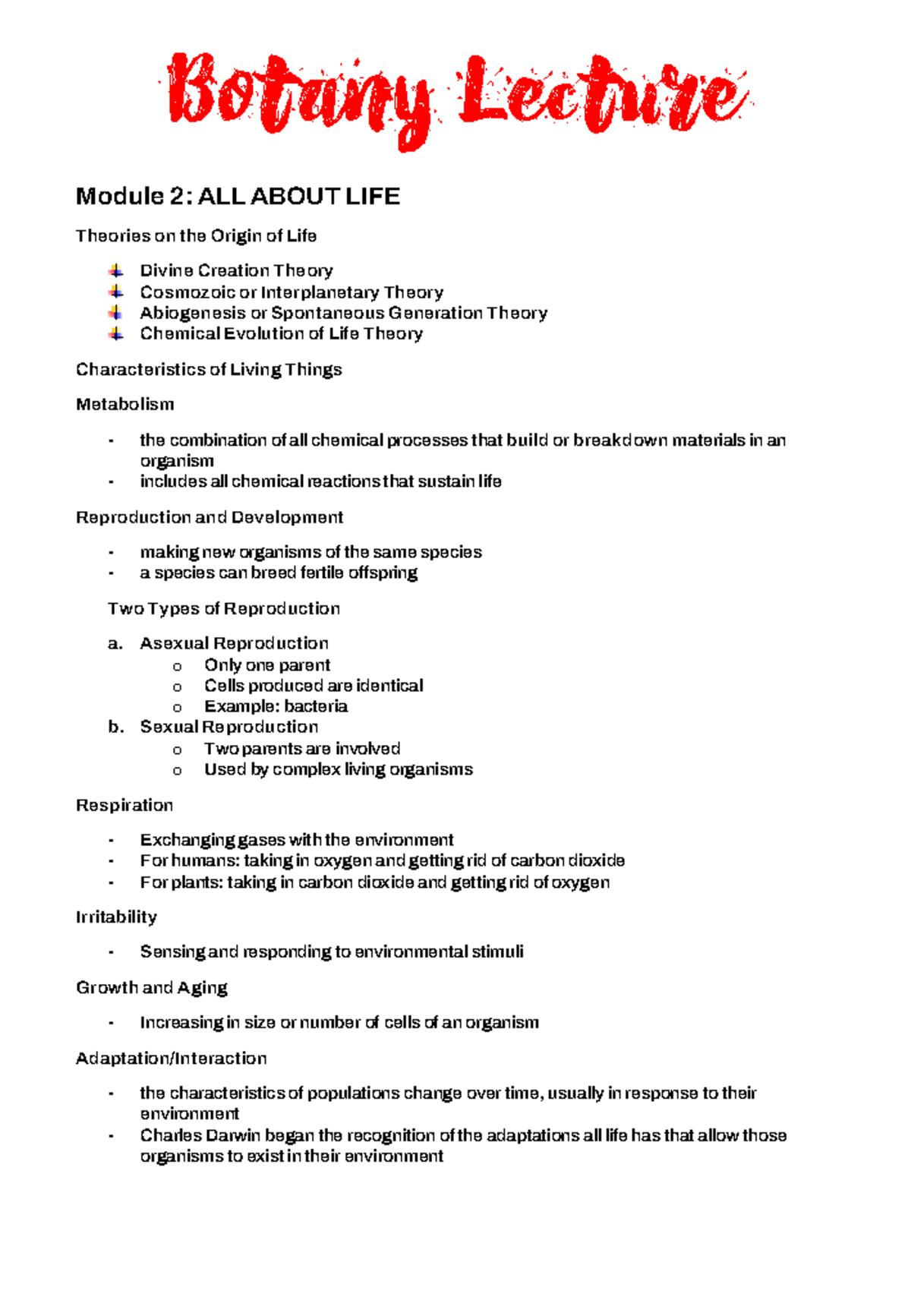 Botany Lecture Midterm Notes Botany Lecture Module 2 All About Life