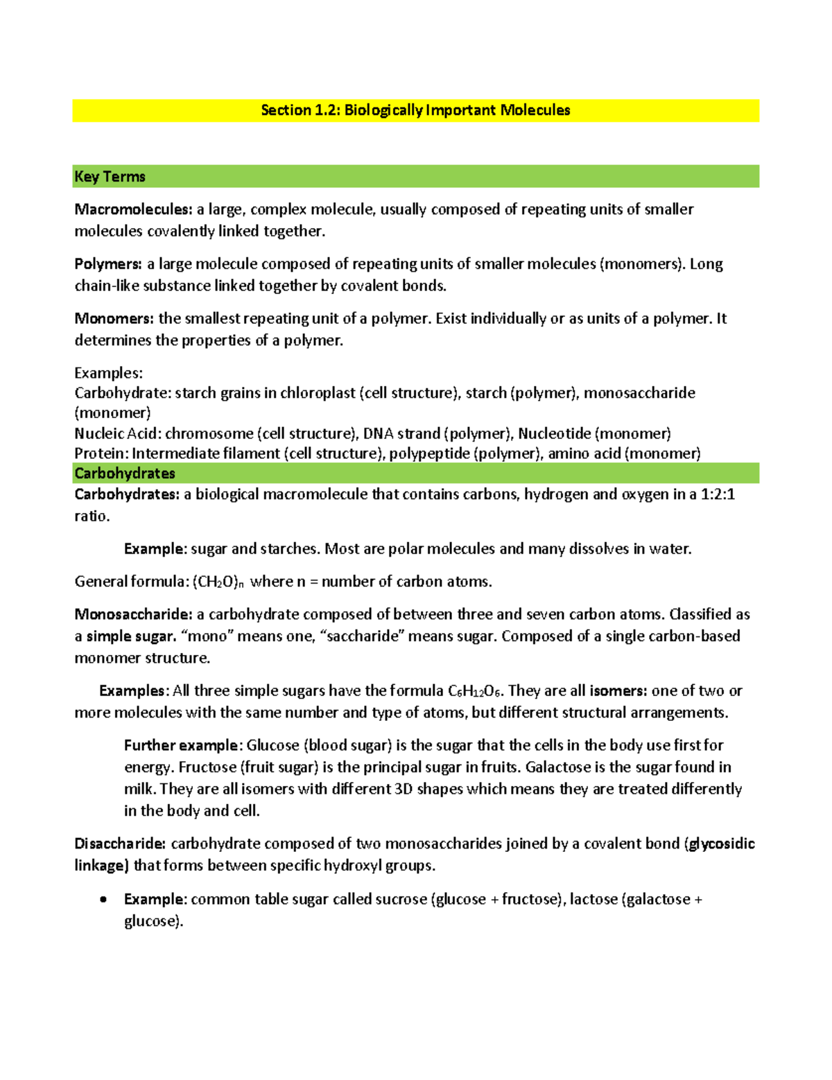 Section 1.2 Biologically Important Macromolecules - Section 1 ...