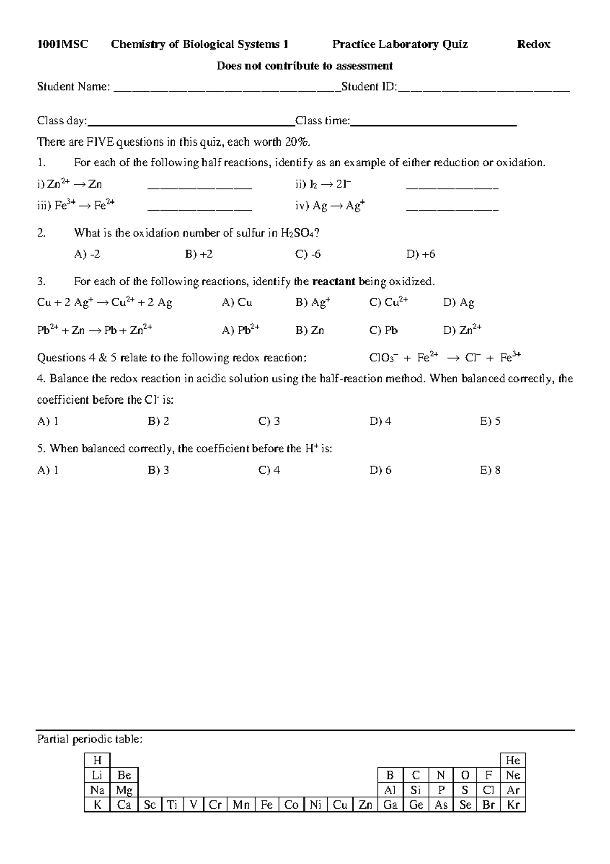 Lab practice quiz 3 - 1001MSC Chemistry of Biological Systems 1 ...