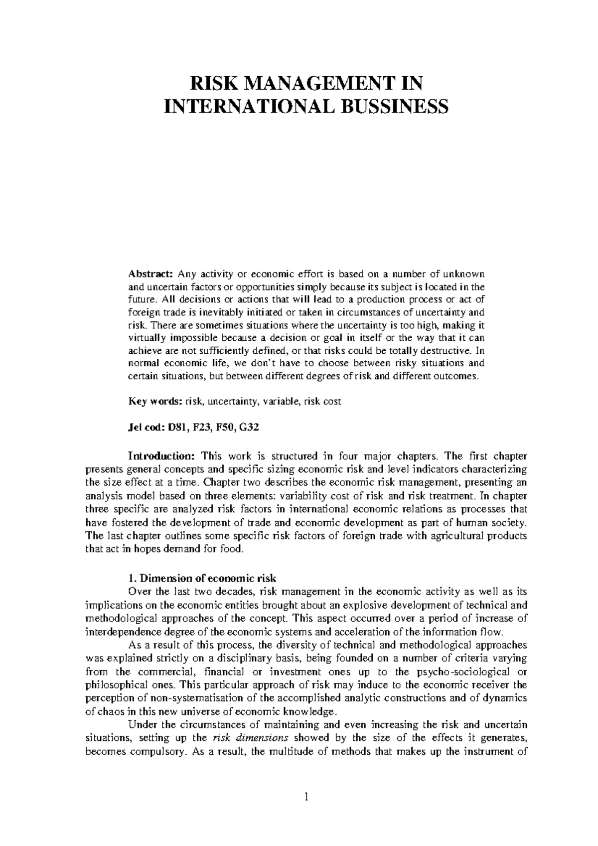 Risk Management In International Bussine - RISK MANAGEMENT IN ...