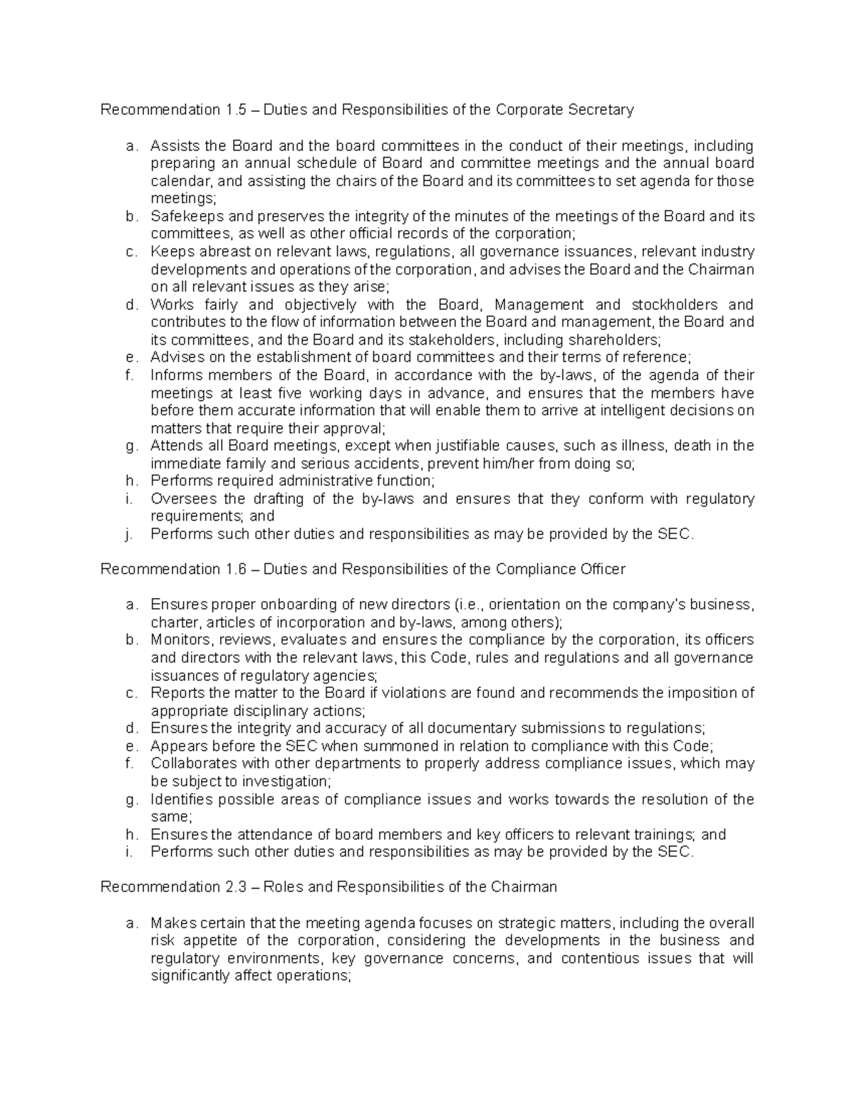 Corporate Governance - Recommendation 1 – Duties and Responsibilities ...