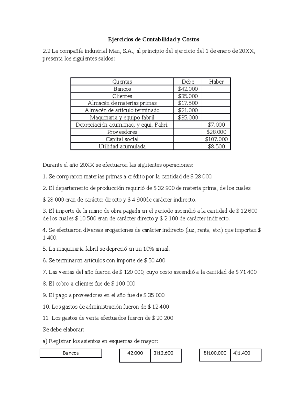 Ejercicios De Contabsadailidad Y Costos Al Principio Del Ejercicio