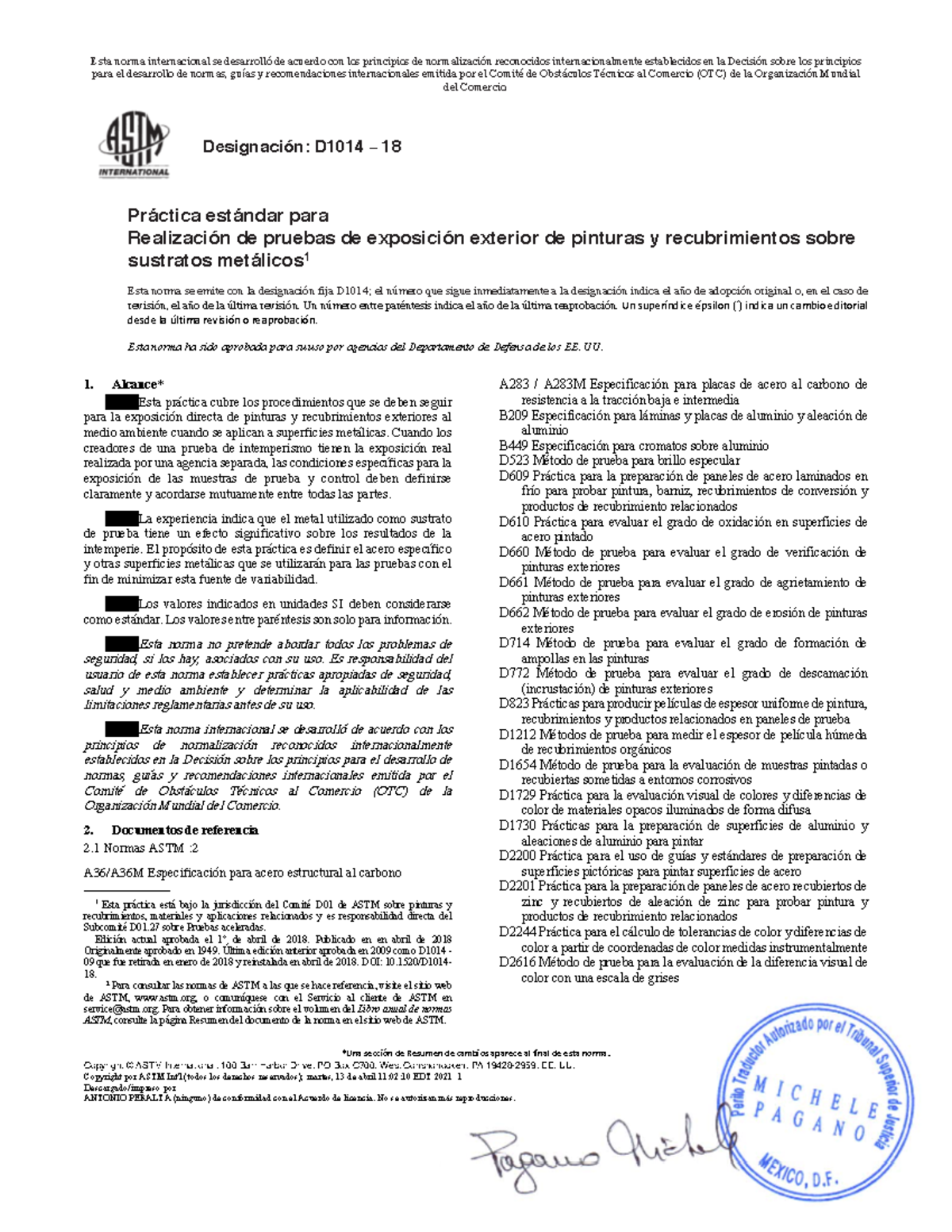 ASTM D-1014-18 D1014 - recubrimiento de pinturas - Esta norma internacional se desarrolló de ...