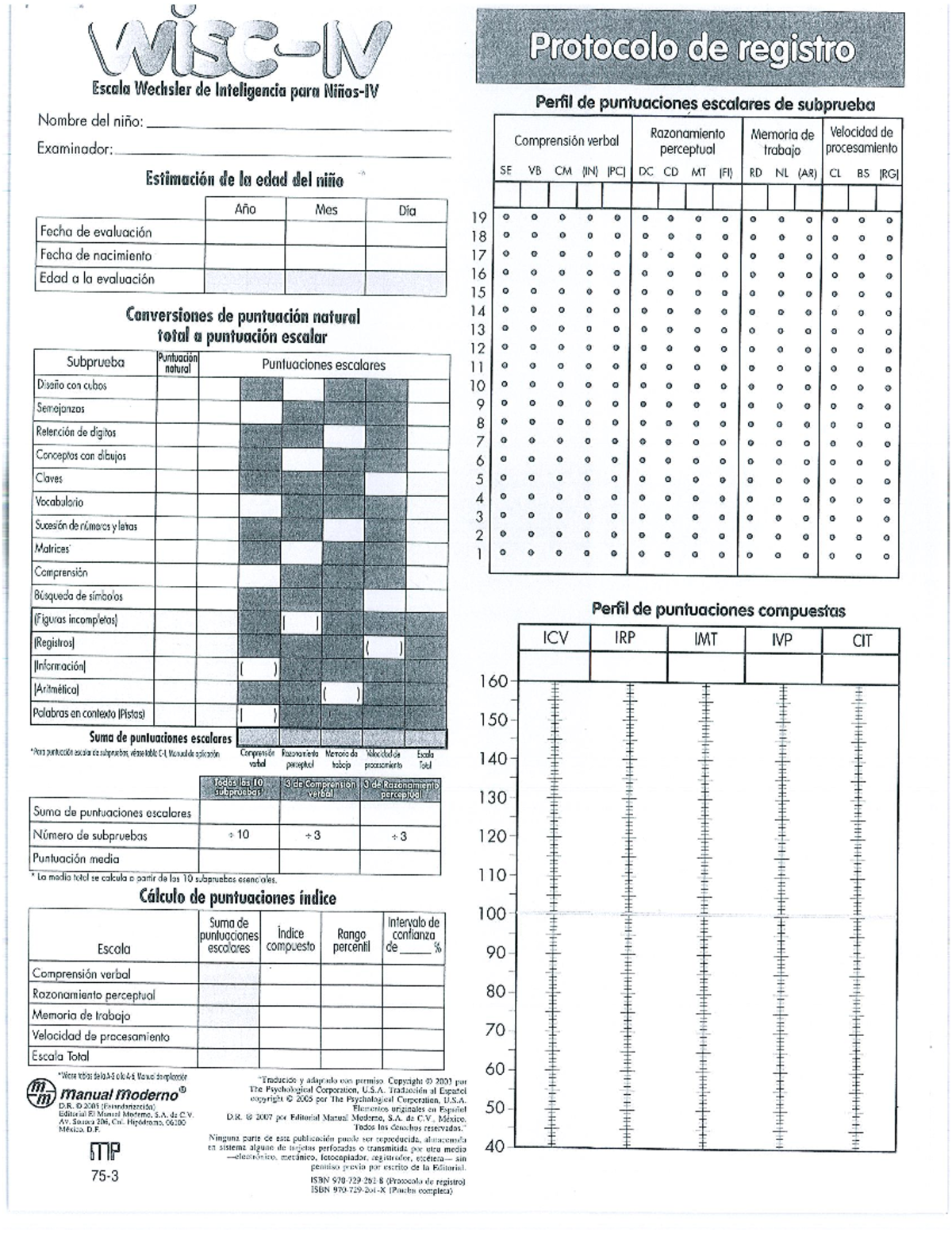 Protocolo WISC IV - Mide inteligencia y estilos cognitivos - Niñez ...