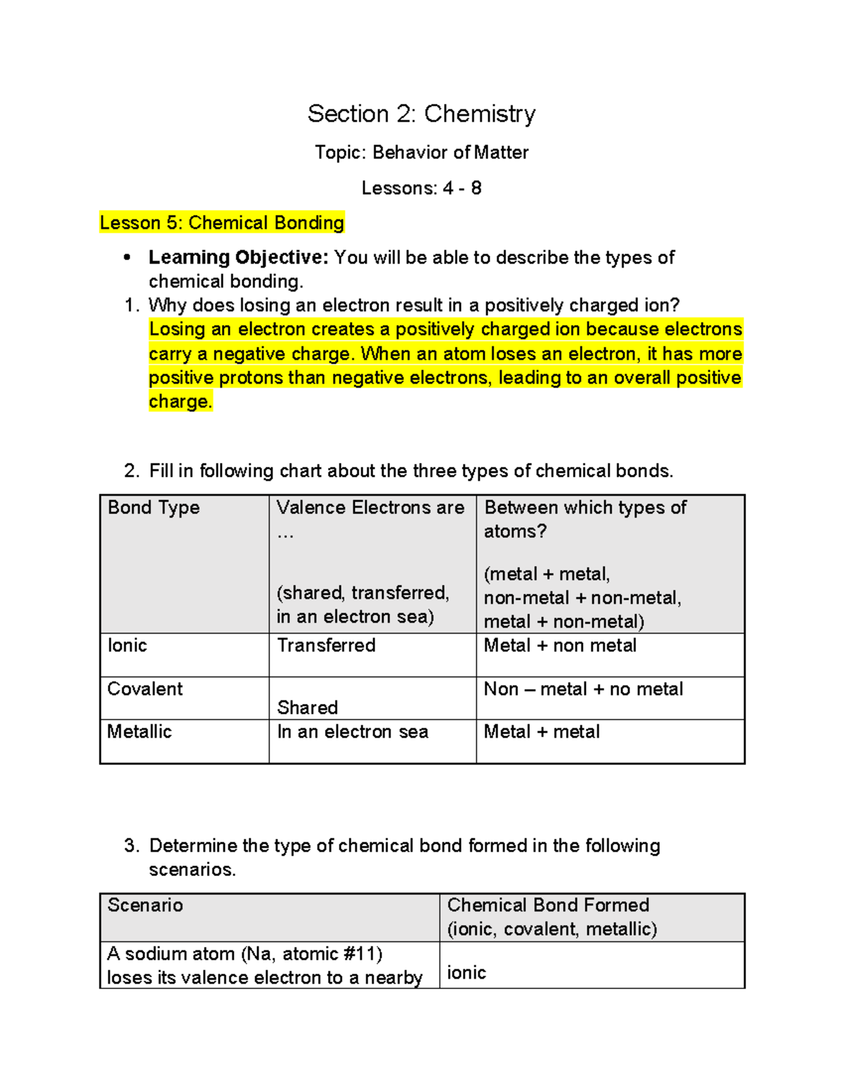 Behavior of Matter - Section 2: Chemistry Topic: Behavior of Matter ...