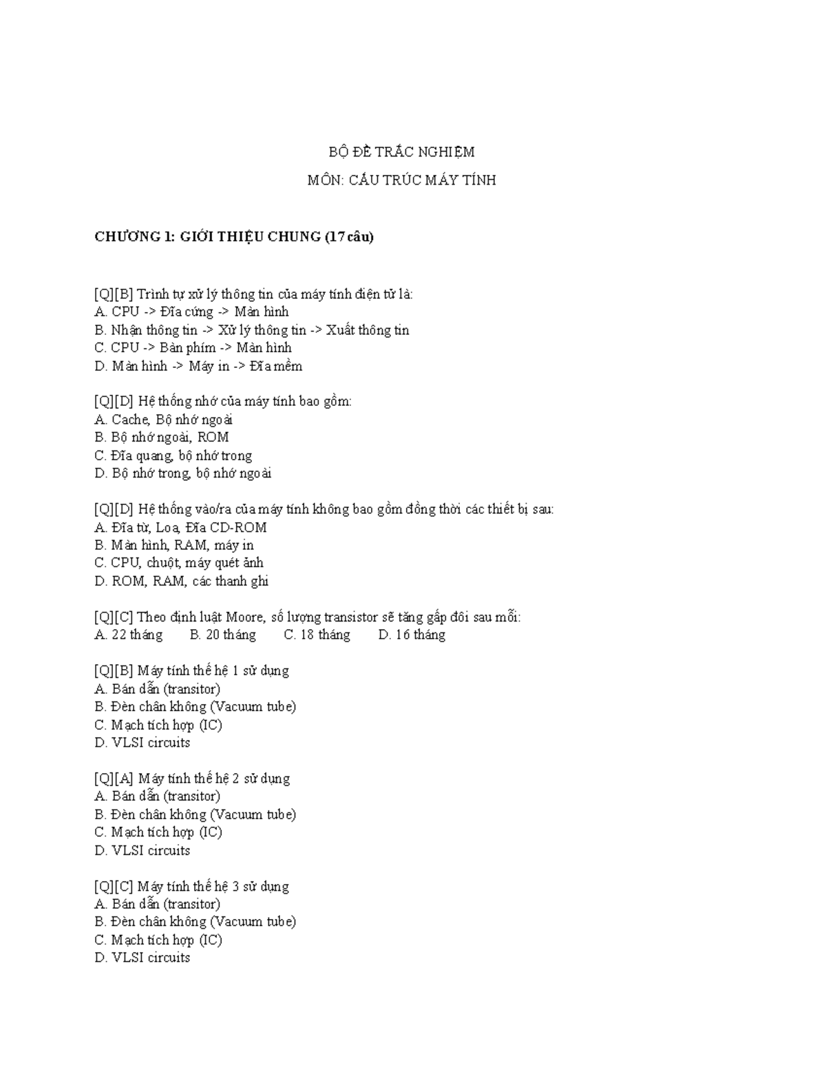 CTMT TRAC- Nghiem - .... - BỘ ĐỀ TRẮC NGHIỆM MÔN: CẤU TRÚC MÁY TÍNH ...