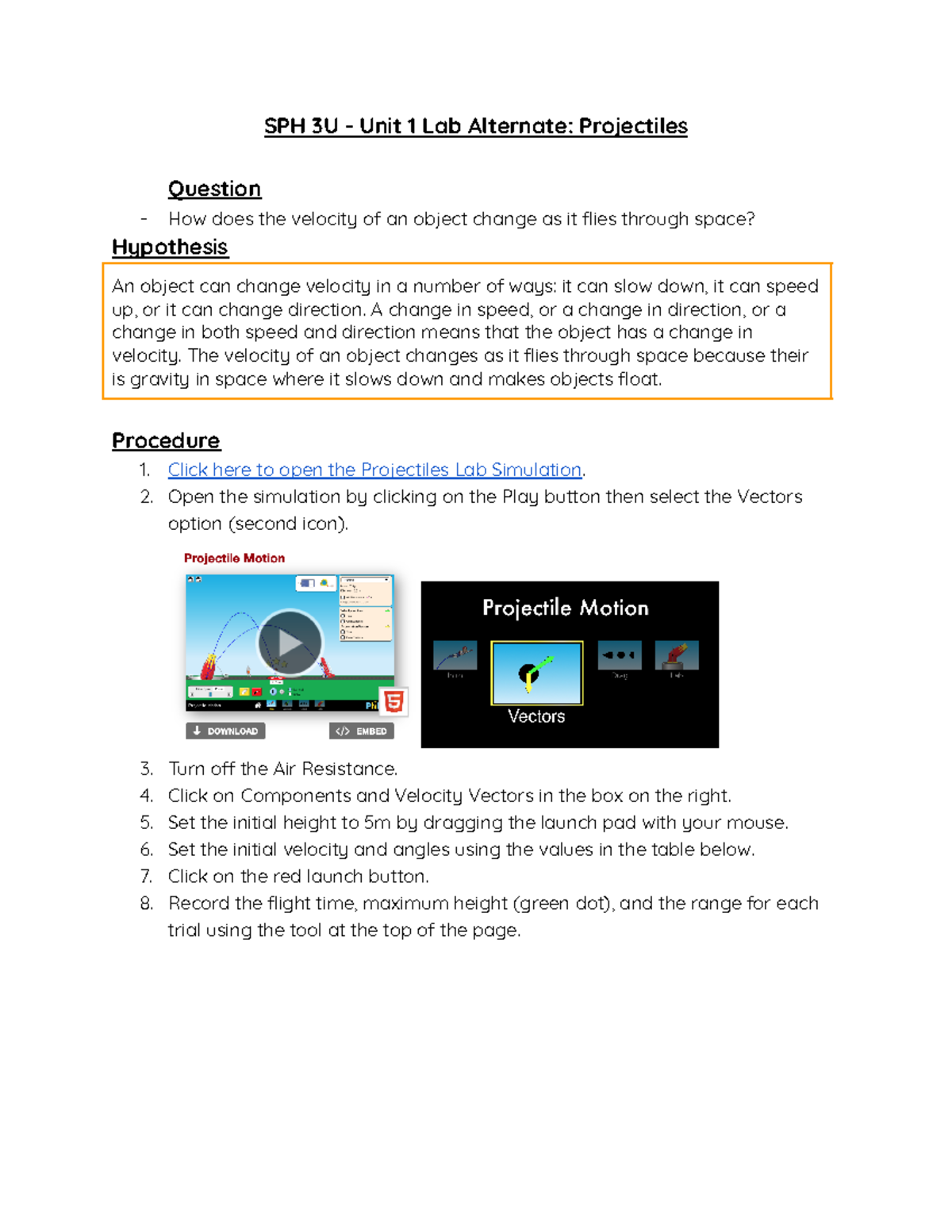 Sheromi Gabriel- Unit 1 Virtual Lab Alternate - SPH 3U - Unit 1 Lab ...