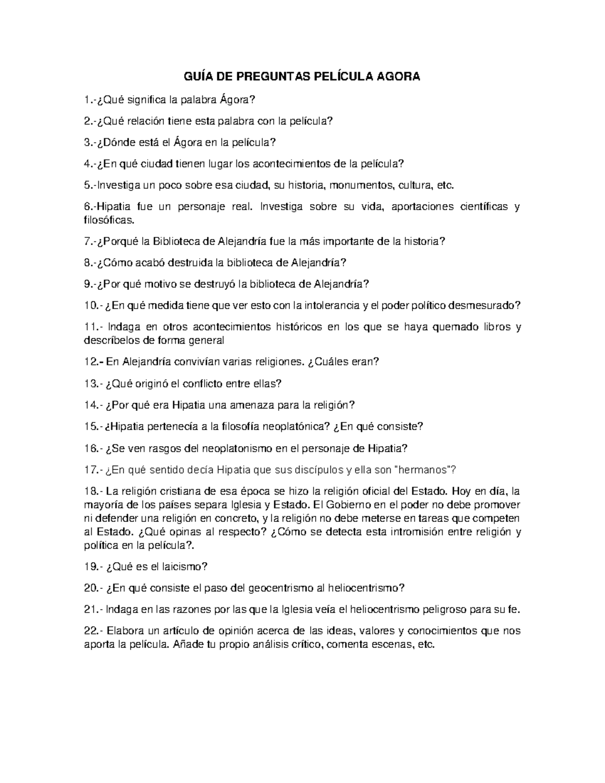 GUÍA DE Preguntas Película Agora - GUÍA DE PREGUNTAS PELÍCULA AGORA 1 ...