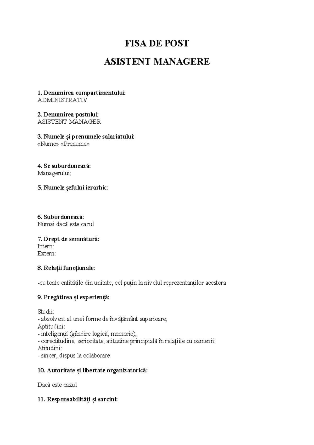 Fisa de post asistent manager - FISA DE POST ASISTENT MANAGERE ...
