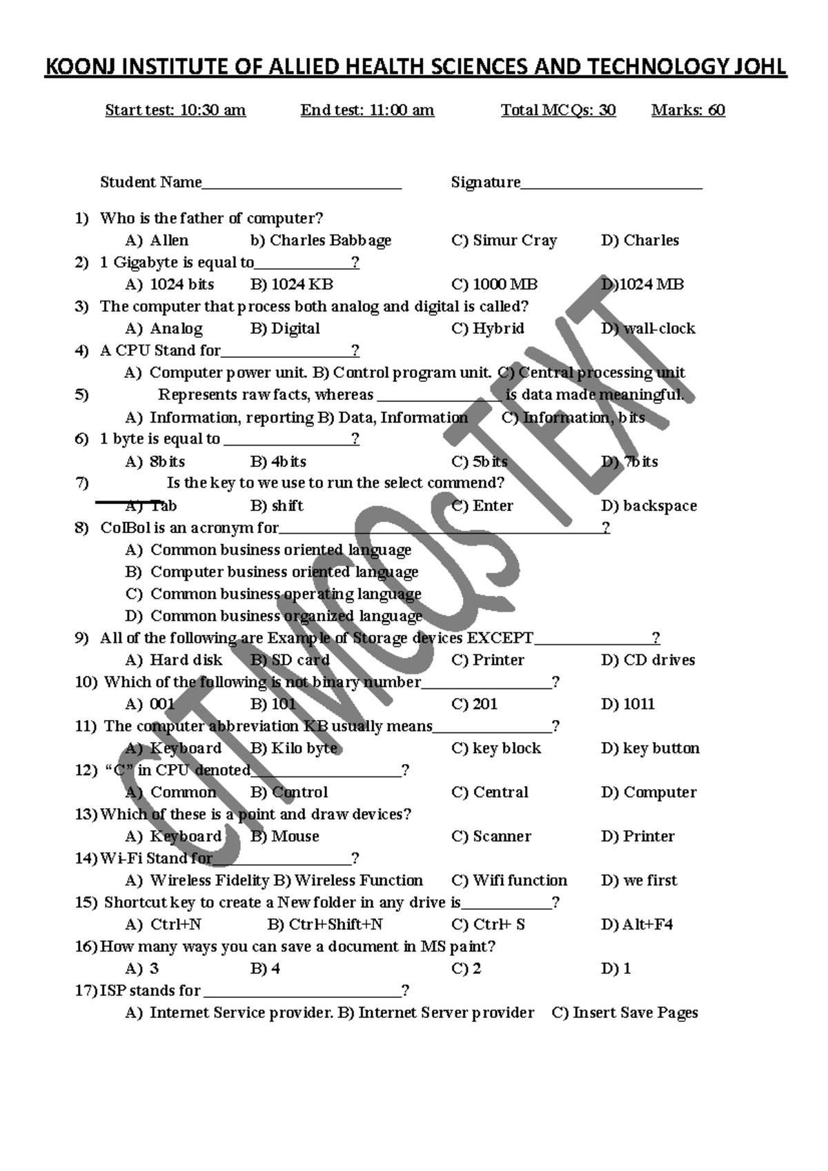 CIT TEST for students - KOONJ INSTITUTE OF ALLIED HEALTH SCIENCES AND ...