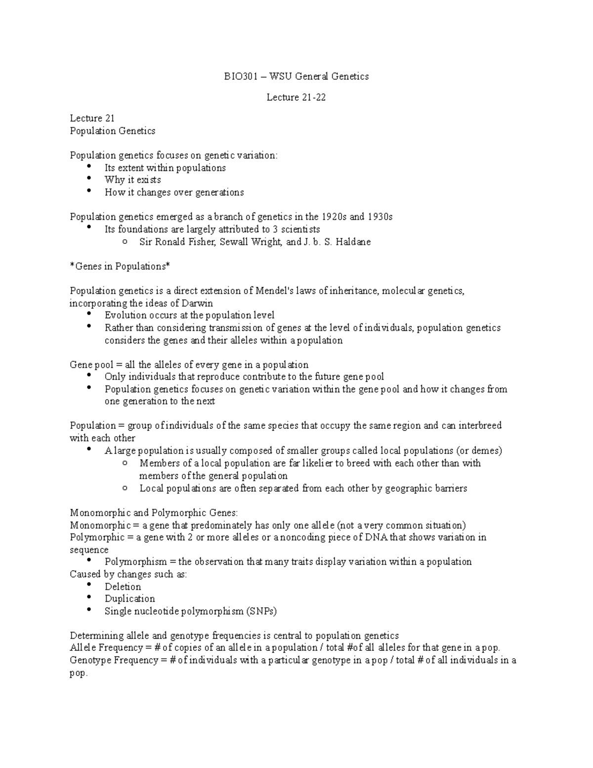 BIO301 Lecture 21-22 - BIO301 – WSU General Genetics Lecture 21 ...