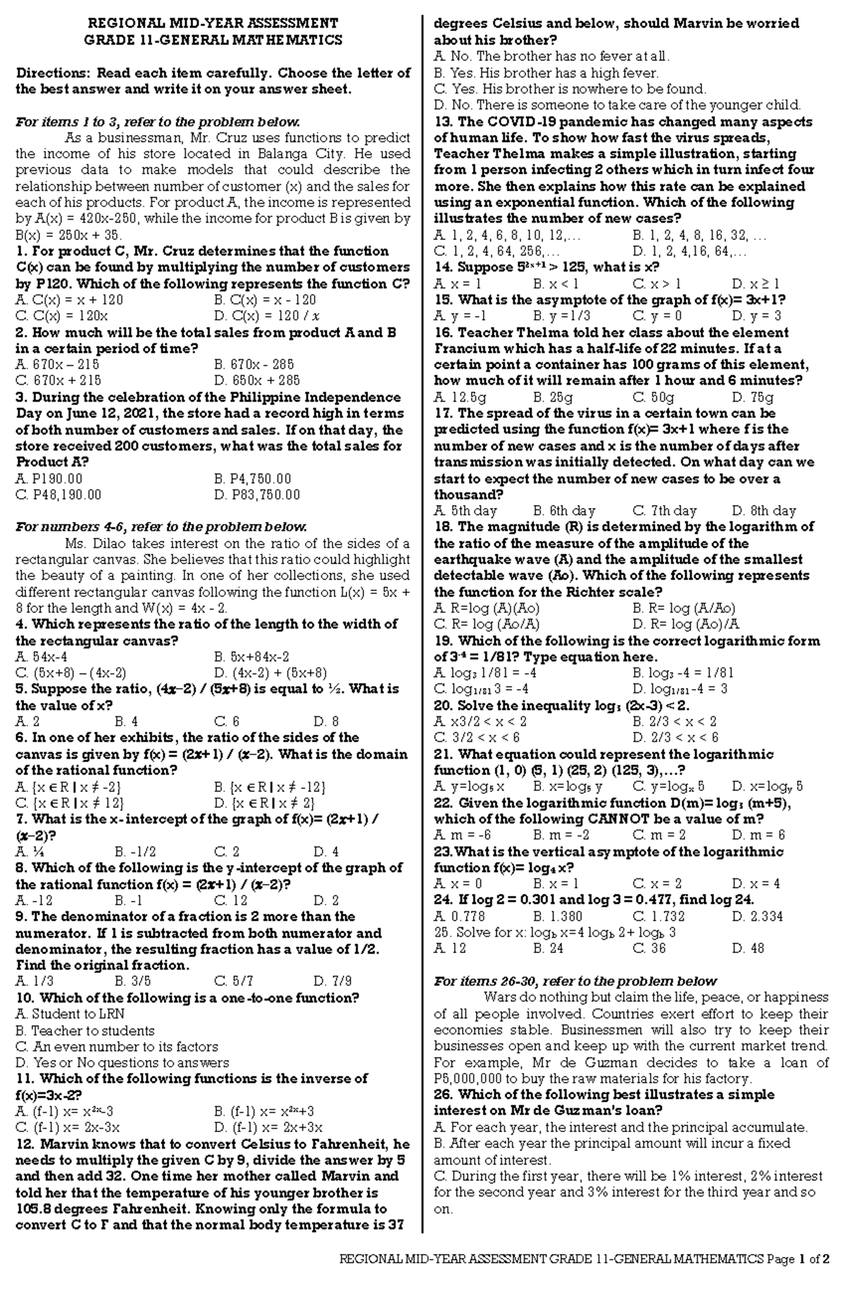 Regional MID-YEAR Assessment Grade 11- General Mathematics - REGIONAL ...