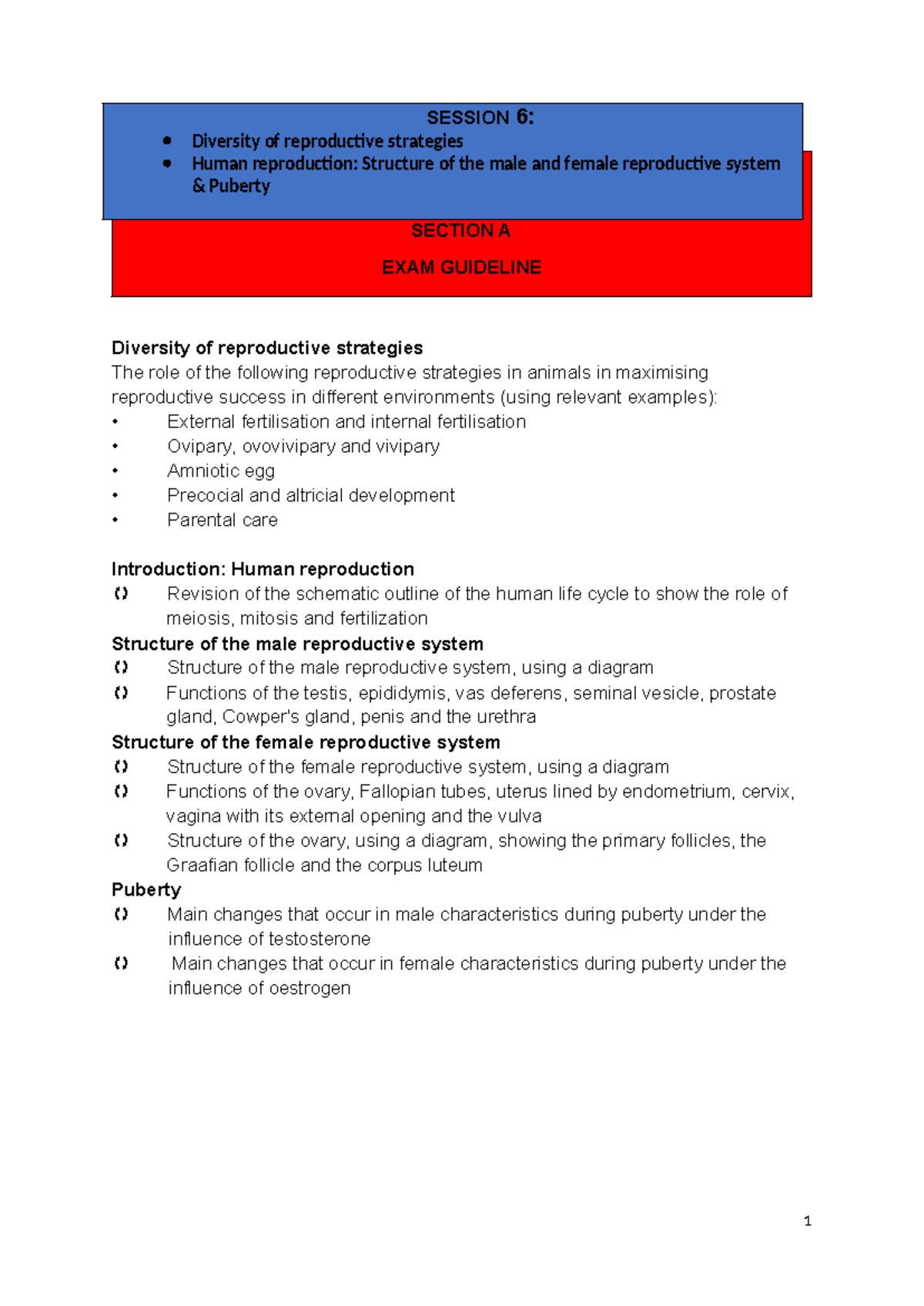 Session 6 Human Reproduction - SECTION A EXAM GUIDELINE Diversity of ...