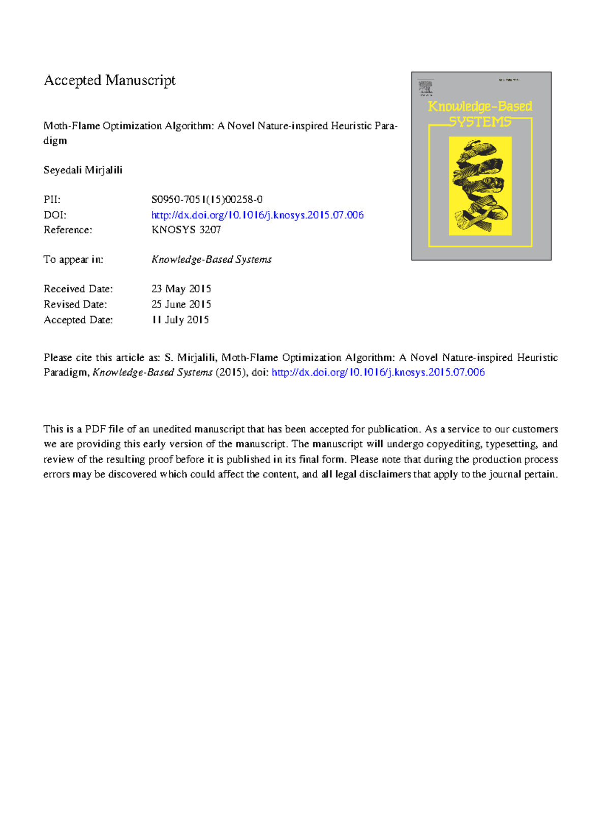 Mirjalili 2015 - Accepted Manuscript Moth-Flame Optimization Algorithm ...