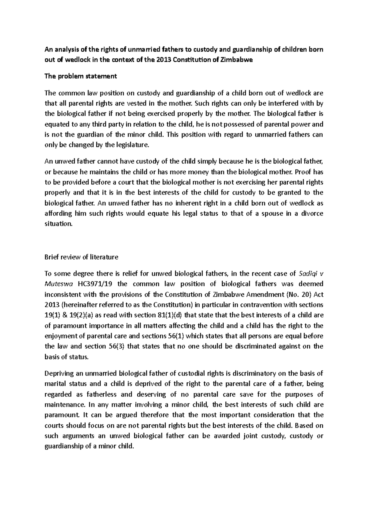 An analysis of the rights of unmarried fathers to custody and ...