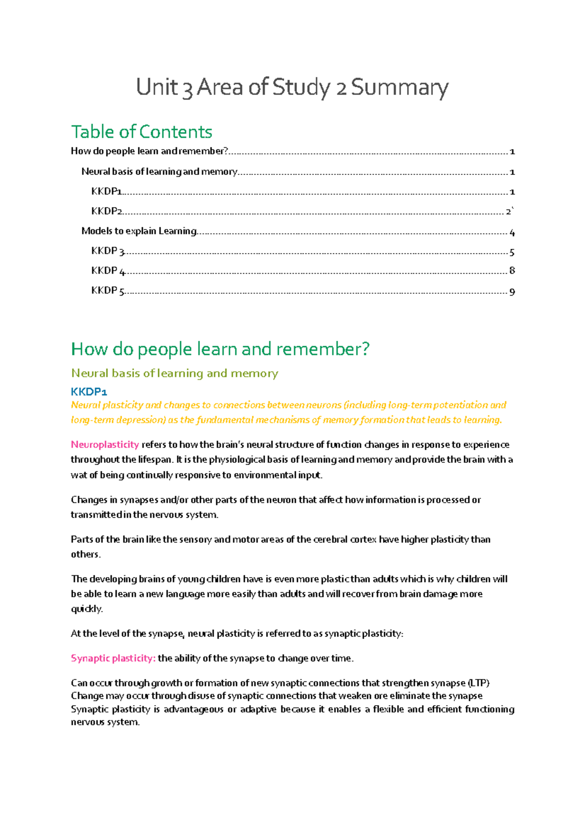 PSYCH U4 AOS 2 Summary - Unit 3 Area of Study 2 Summary Table of ...