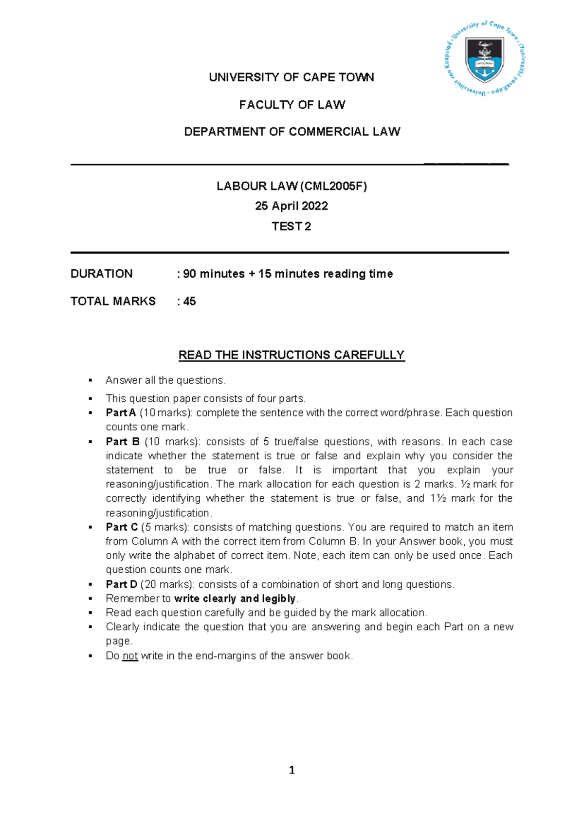 Labour Law Test 2 2022 - test - UNIVERSITY OF CAPE TOWN FACULTY OF LAW ...