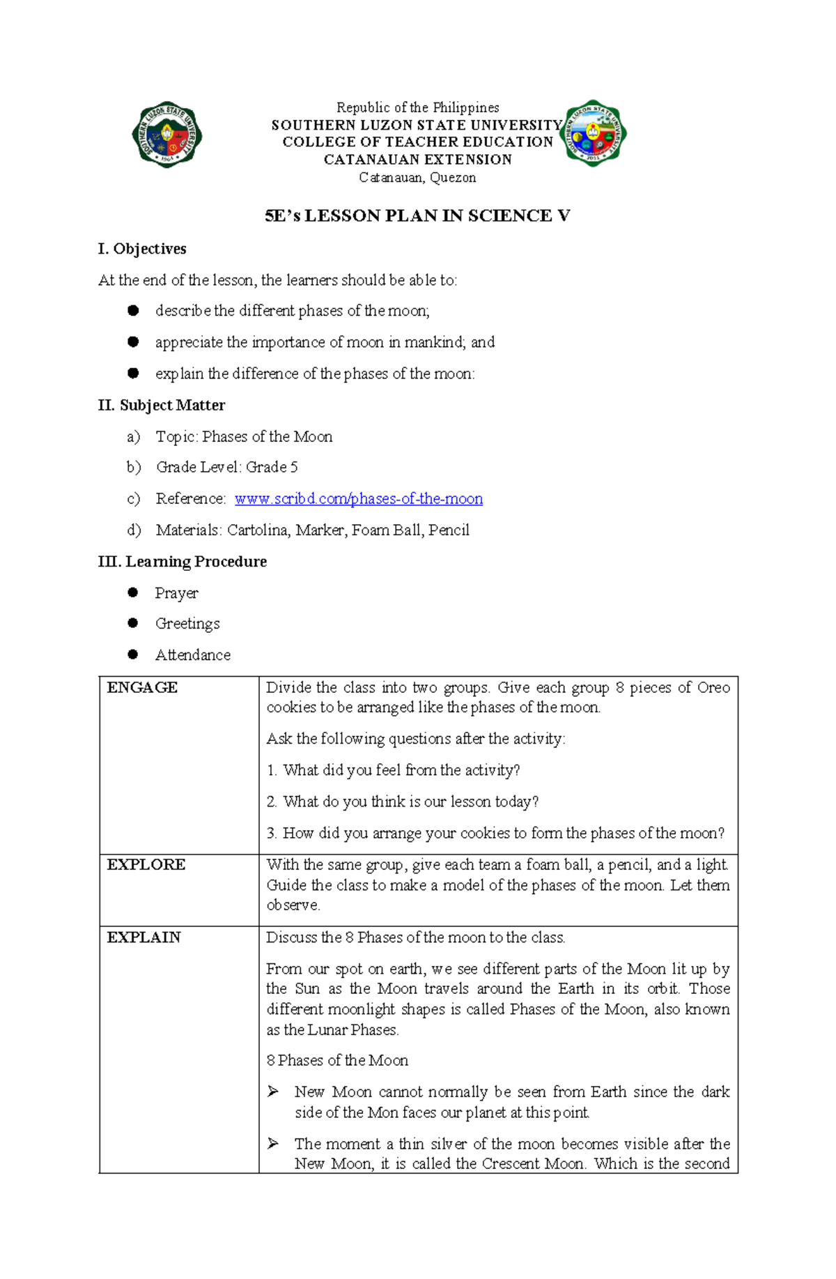 Hizola-5E's-LP - 5E's Lesson Plan in Science with the tooic, 'Phases of ...