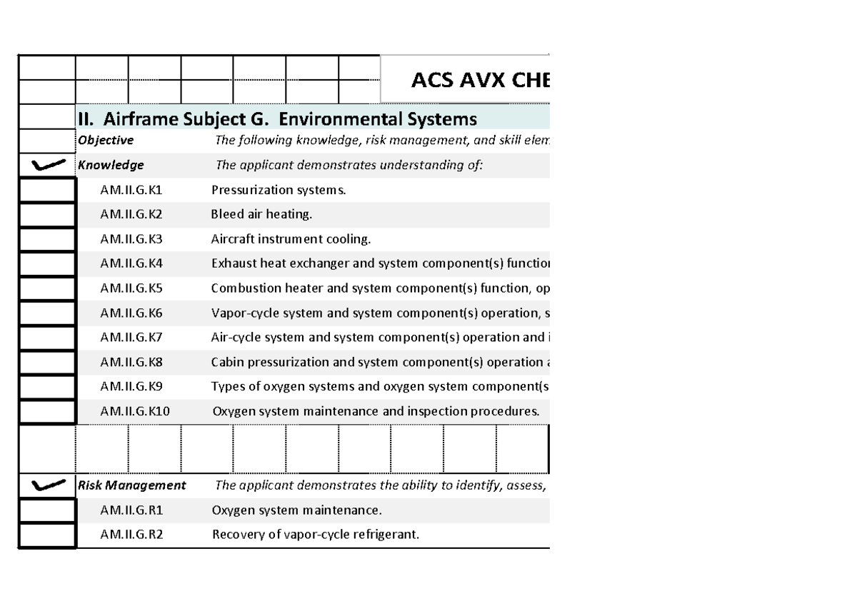 Avx acs checklist - II. Airframe Subject G. Environmental Systems ...