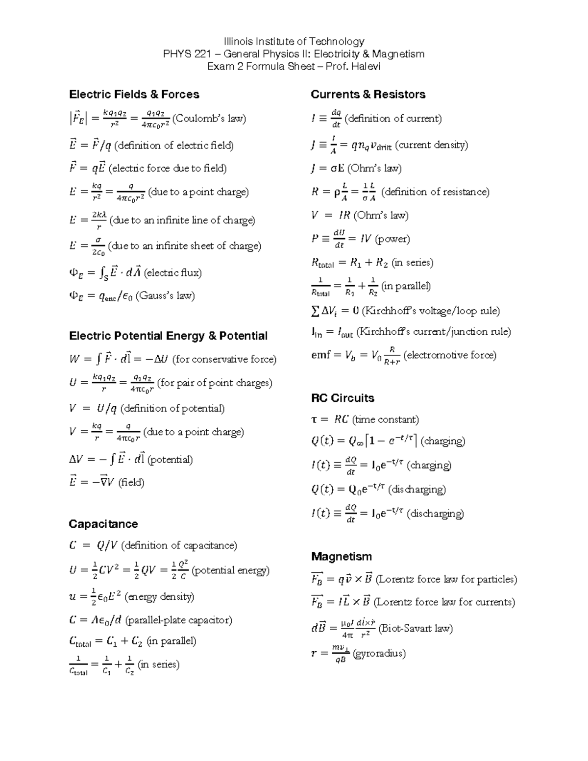 Equation sheet 2 final - title - Illinois Institute of Technology PHYS 221 – General Physics II ...
