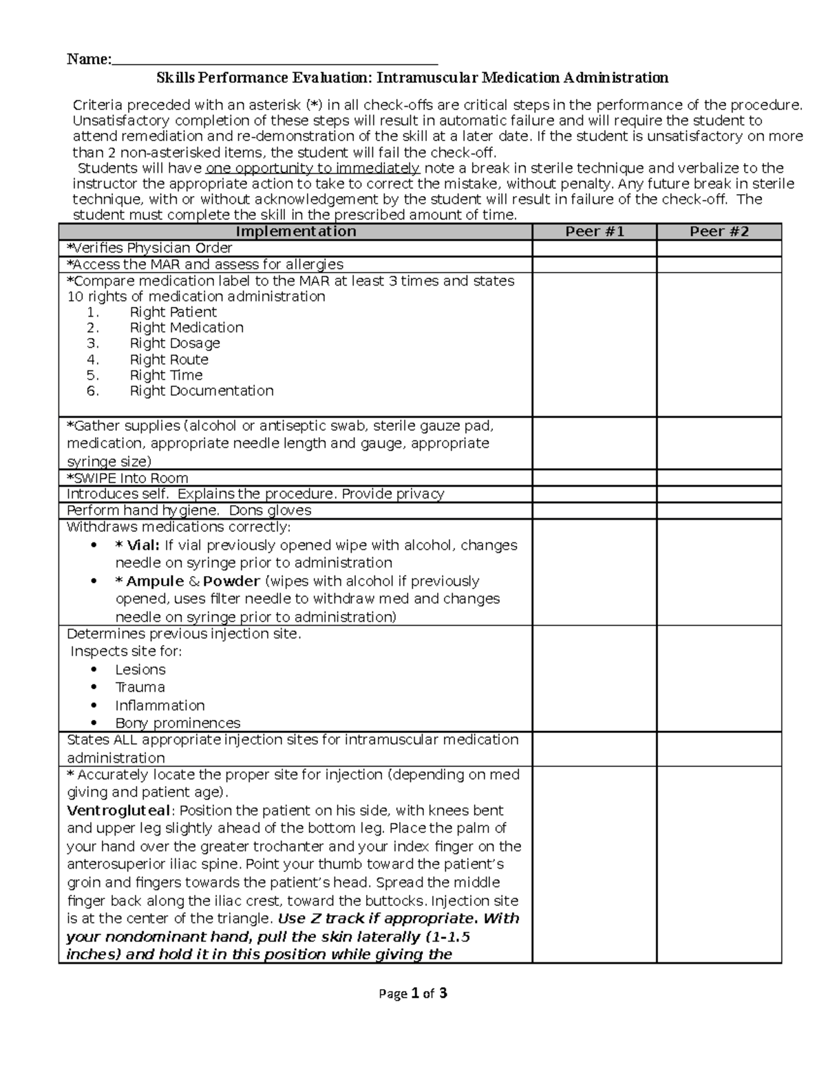 Intramuscular Medication Administration peer review - Name: Skills ...