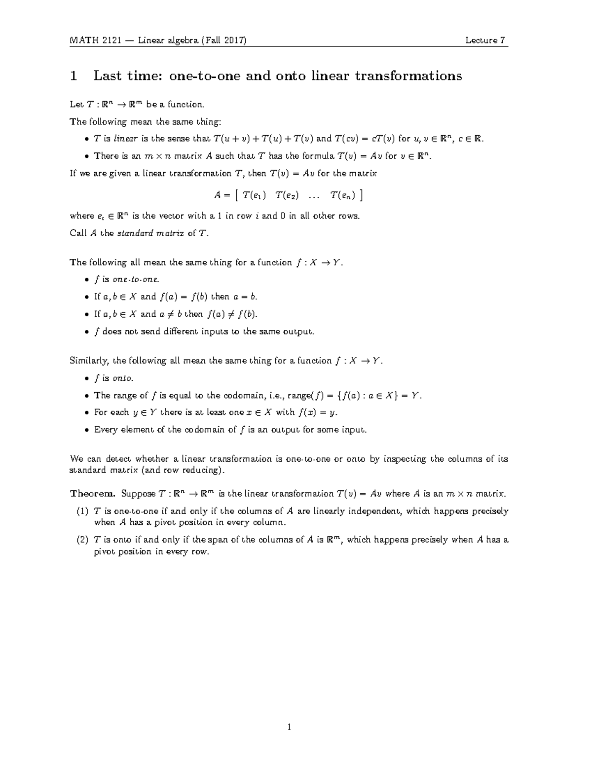 07 Math2121 Fall2017 - Mathematics sample problem - 1 Last time: one-to ...
