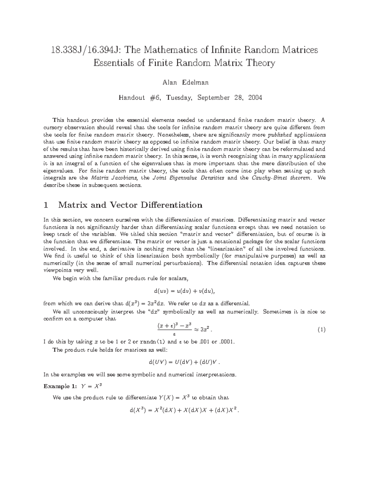 The Mathematics of Infinite Random Matrices Essentials of Finite Random Matrix Theory - 1 - Studocu