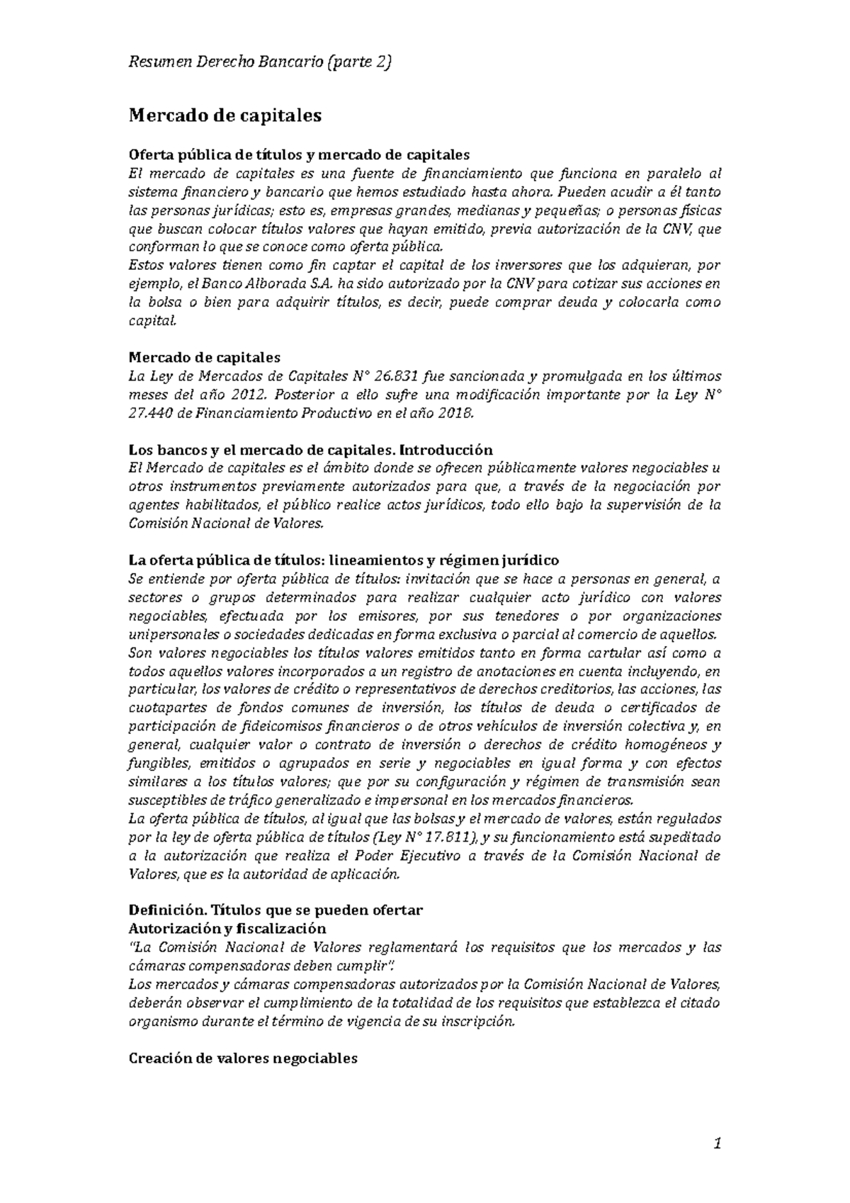 Resumen Derecho Bancario parte 2 - Mercado de capitales Oferta pública de títulos y mercado de ...