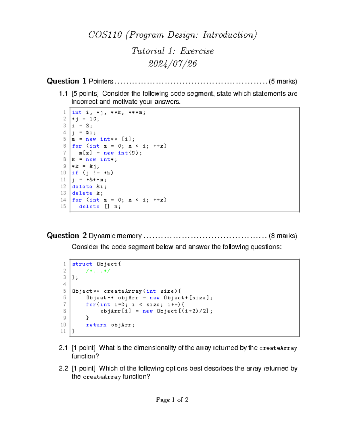 COS110 tut1 exercise 2024 - COS110 (Program Design: Introduction) Tutorial 1: Exercise 2024/07 ...