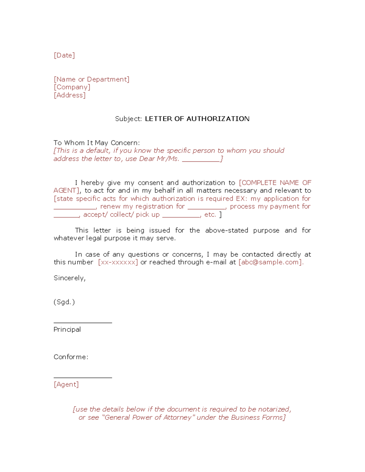 Letter of Authorization To Act in Behalf of Another - [Date] [Name or ...