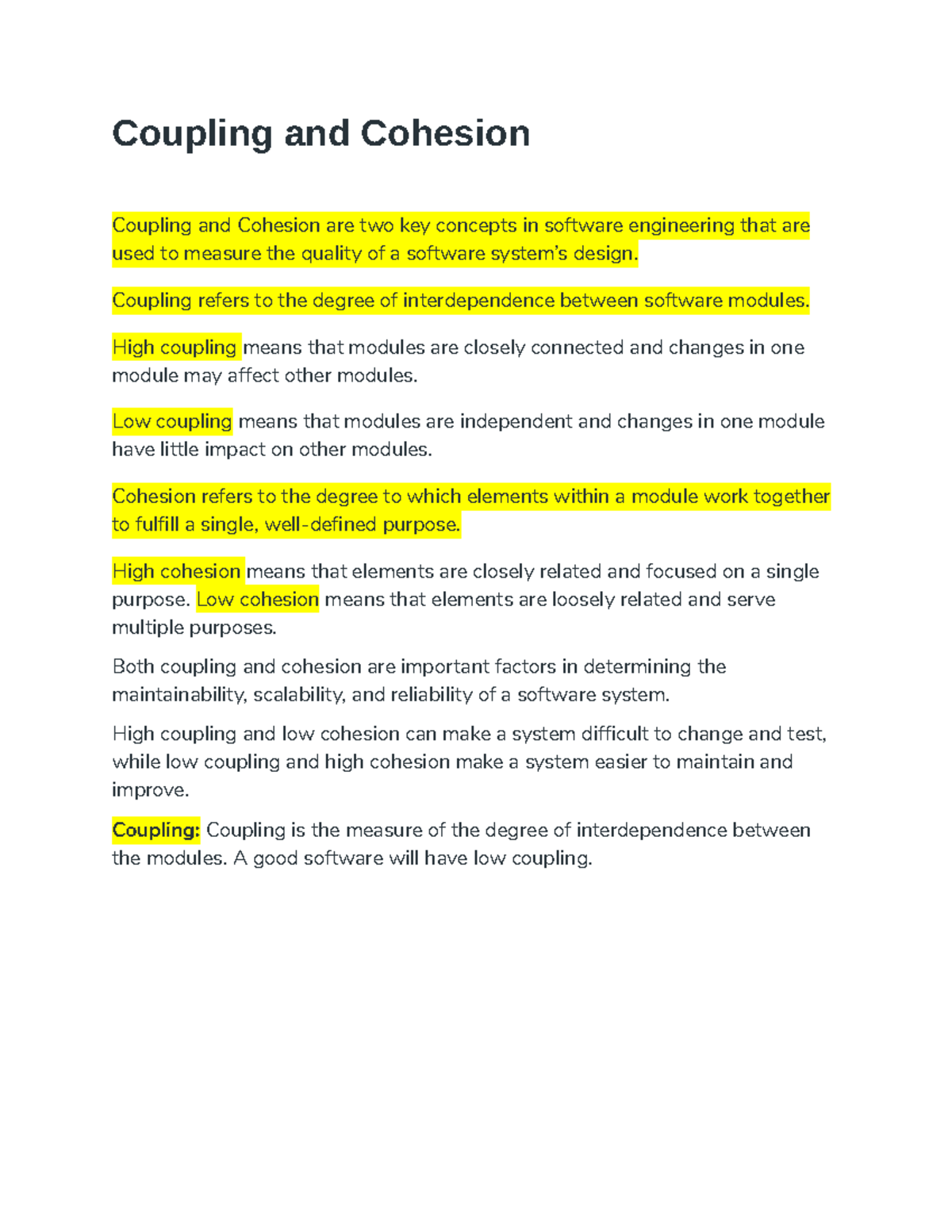 Coupling and Cohesion - Note for Msc Computer Science Students - Coupling and Cohesion Coupling ...