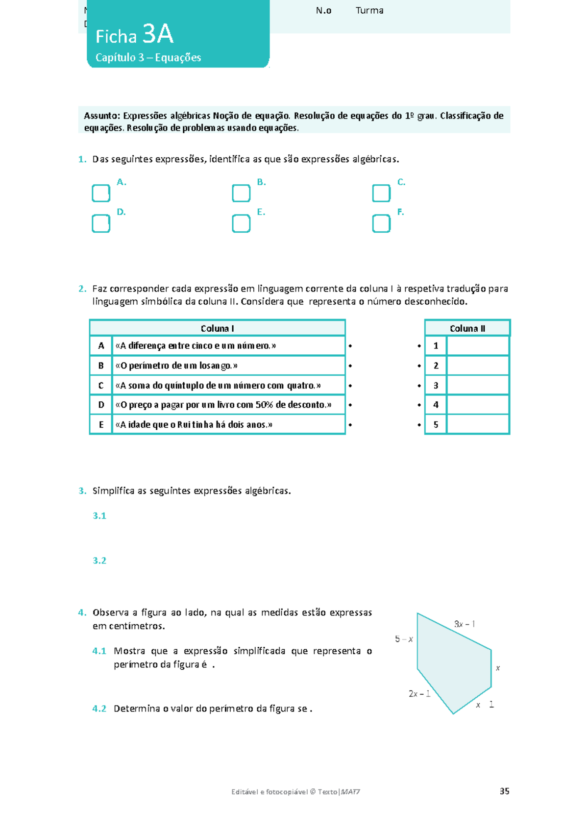 7 Ficha De Trabalho Assunto Expressões Algébricas Noção De Equação