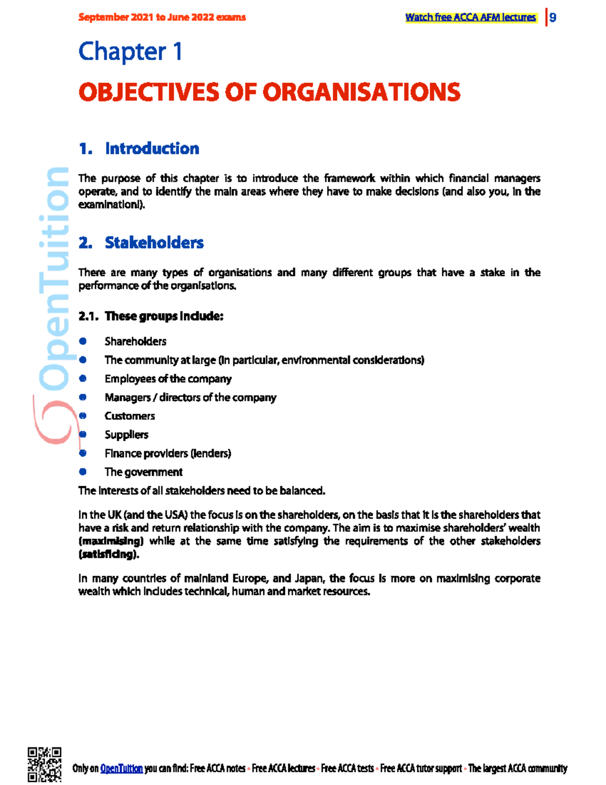 ACCA AFM- Chpt 1 - Objective of an organization - AFM101 - Studocu