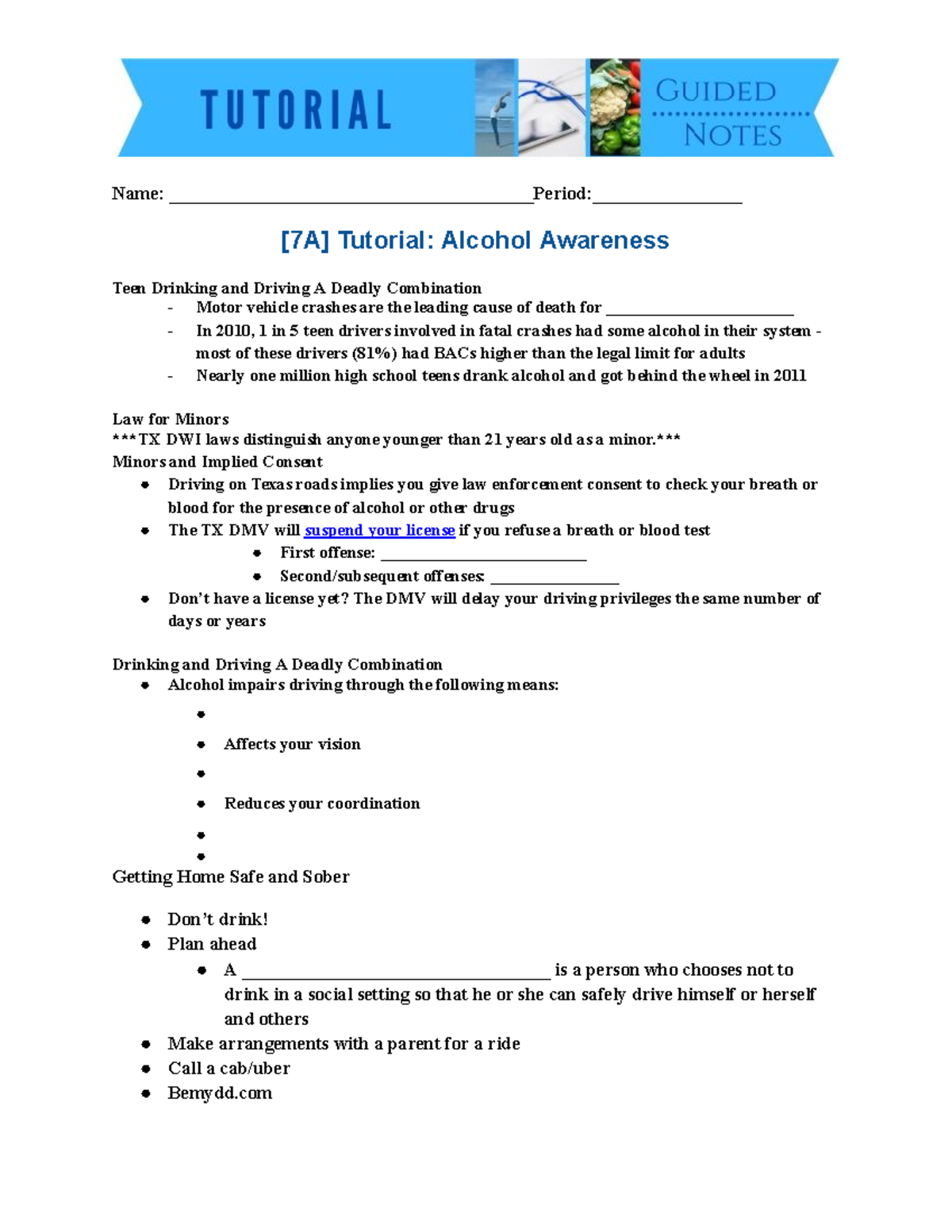 7A Tutorial Alcohol Awareness Notes Guided Notes - Name ...