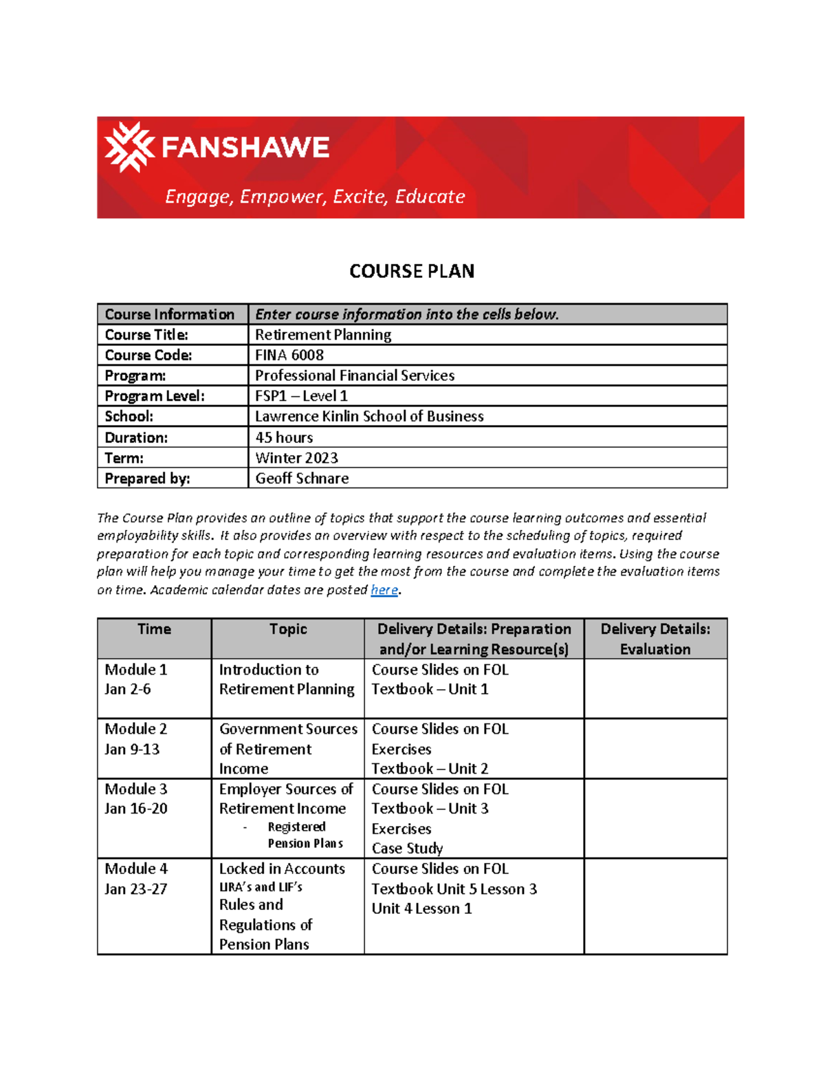 Schedule - FINA 5008 - Fanshawe - Studocu