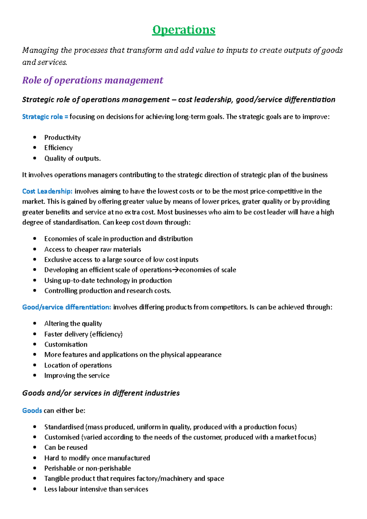 Business Study Notes - Operations Managing the processes that transform ...