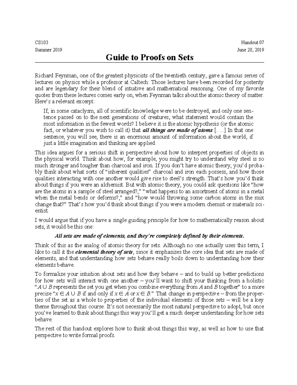 070 Guide to Set Theory Proofs - CS103 Handout 07 Summer 2019 June 28, 2019 Guide to Proofs on ...