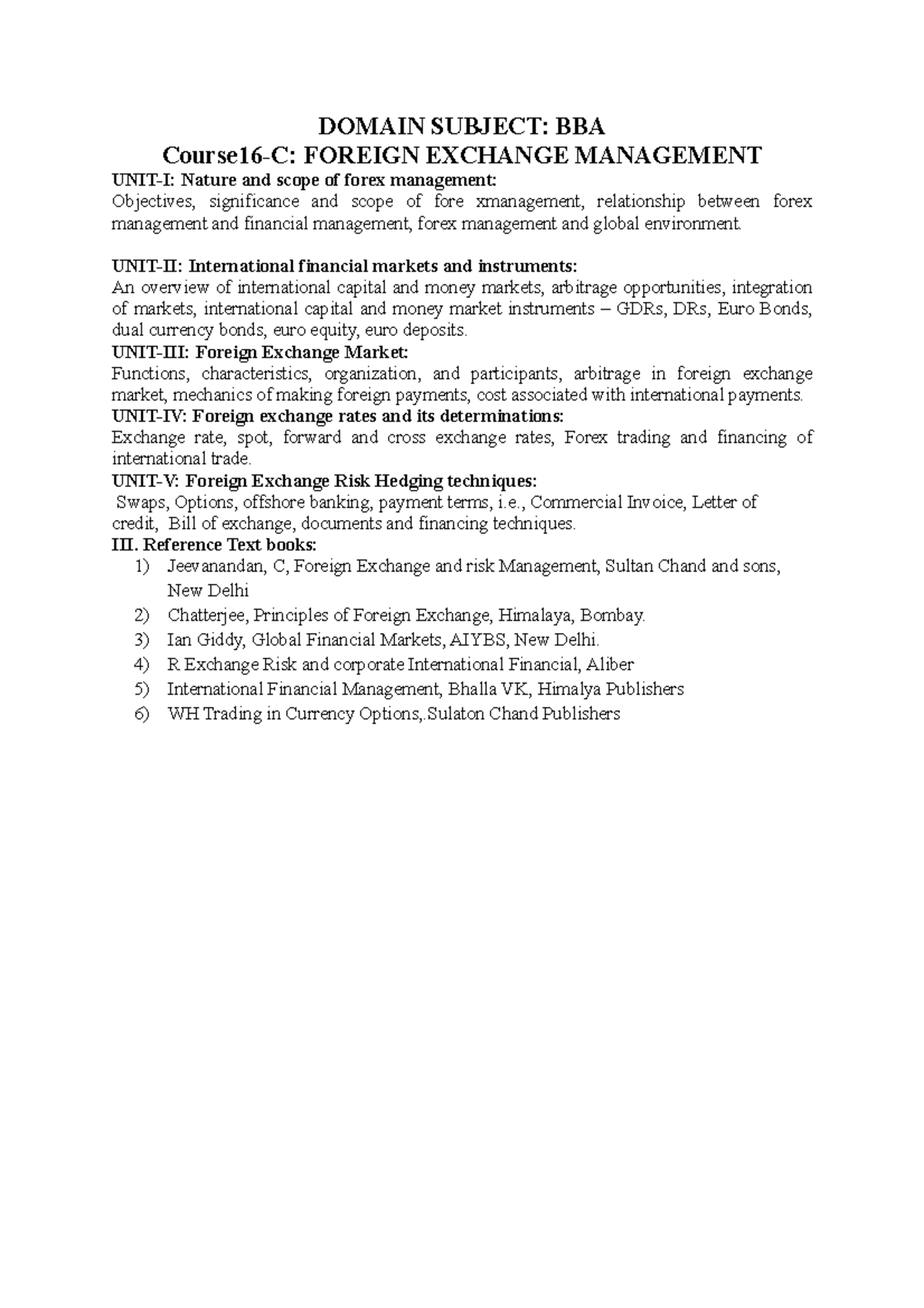 Forex Management - Subject Contents - DOMAIN SUBJECT: BBA Course16-C ...