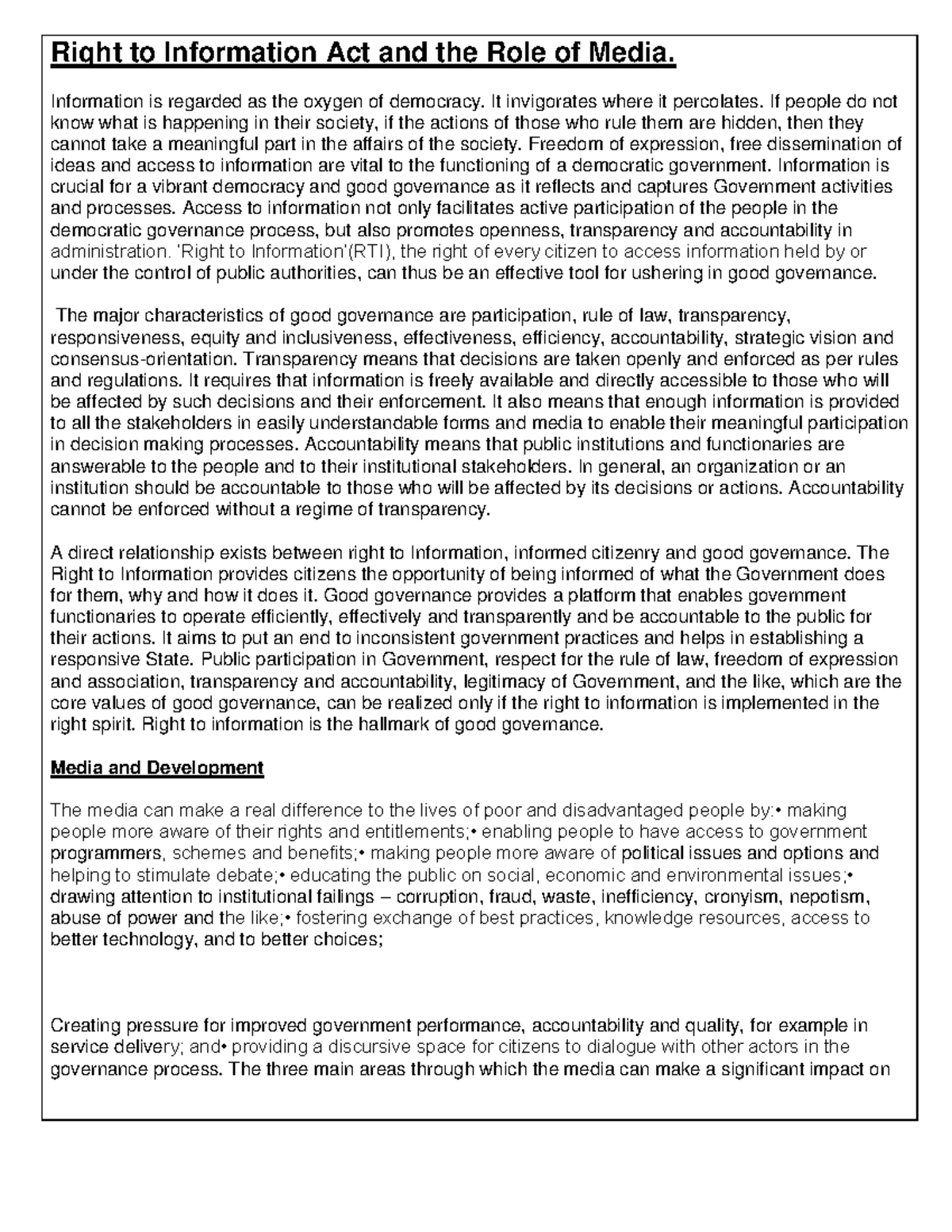 RTI 5th Unit - RTI KSLU 5th Unit - Right to Information Act and the Role of Media. Information ...