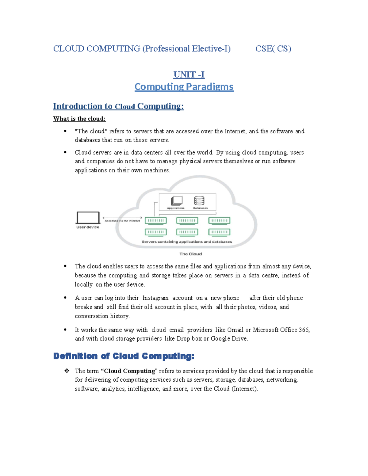 UNIT 1 Notes - sasa - CLOUD COMPUTING (Professional Elective-I) CSE( CS ...